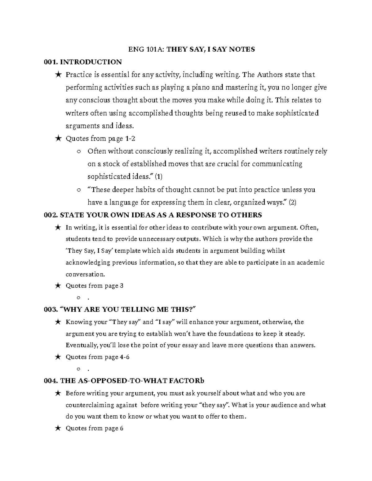 ENG 101A: They Say, I Say Writing Notes and Templates - Studocu