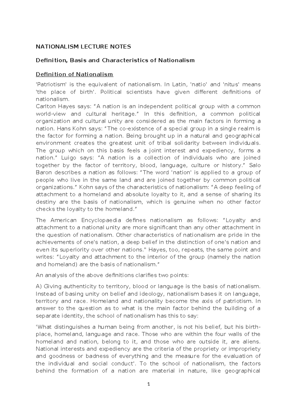 Nationalism lecture notes: definitions, characteristics, and impacts ...