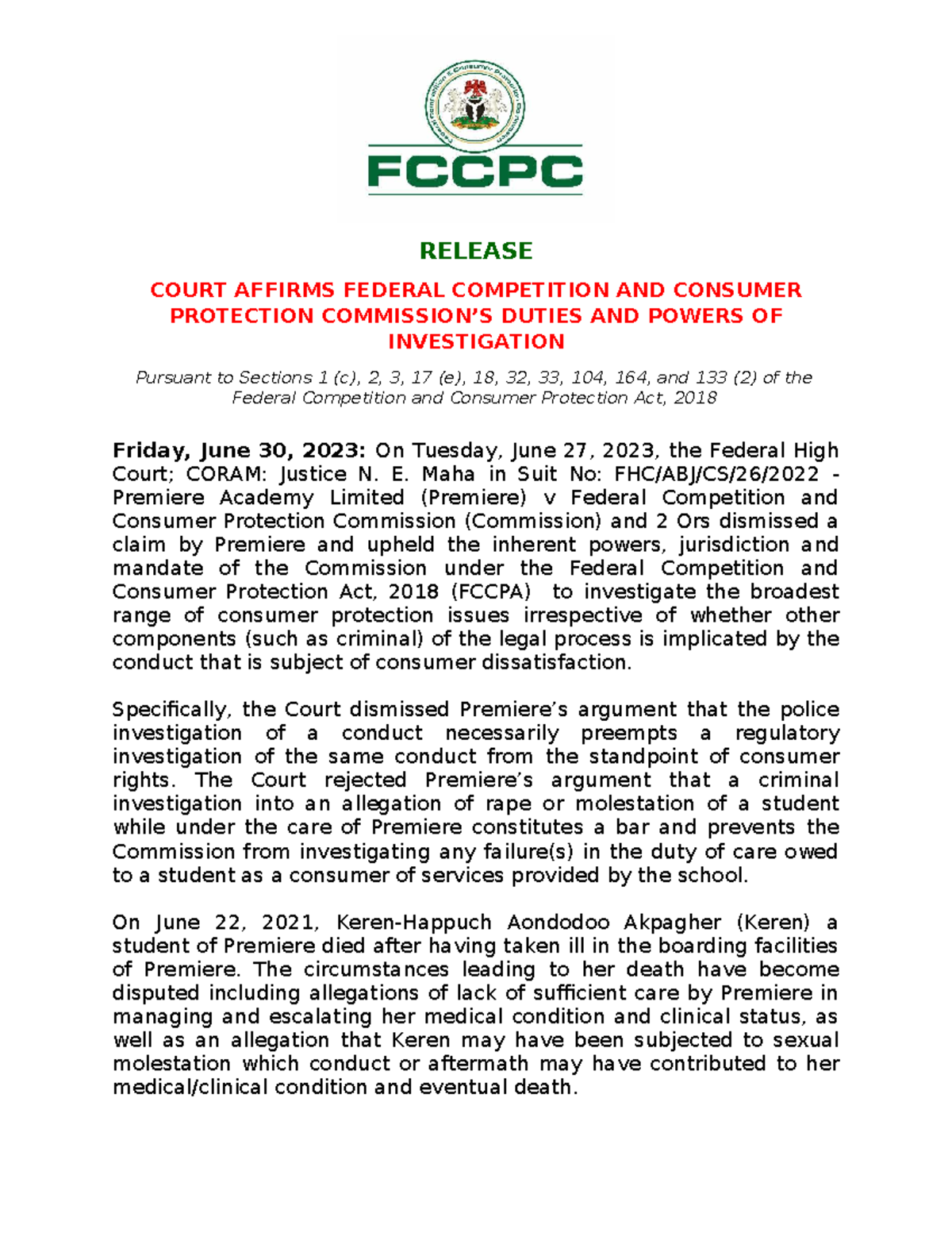Release: FCCPC vs. Premiere Academy Case Analysis - Studocu