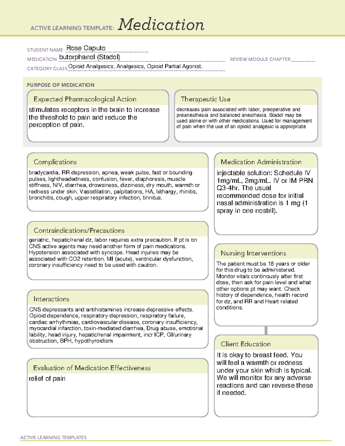 Medication Review: Butorphanol (Stadol) Active Learning Template ATI ...