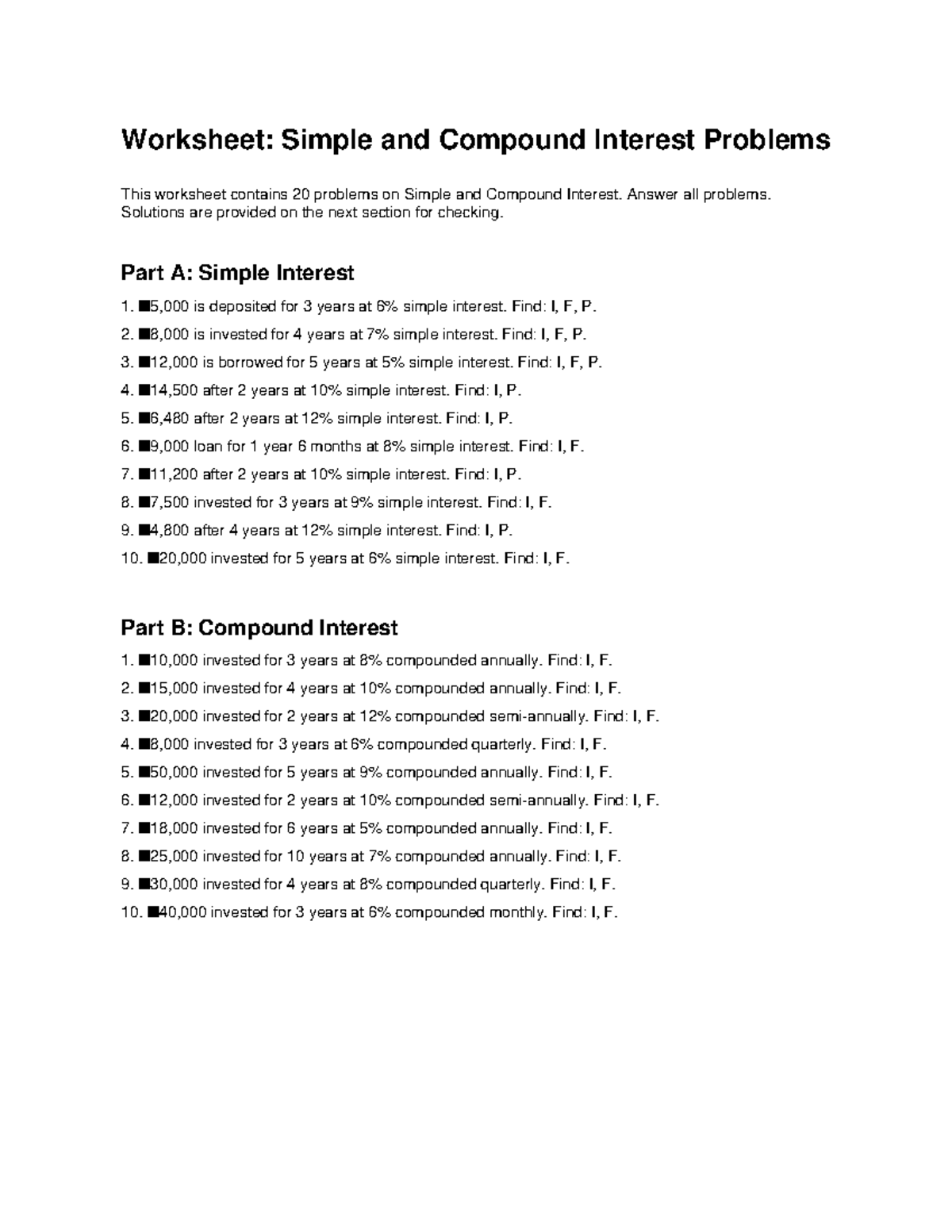 Worksheet: Simple & Compound Interest Problems (20 Questions) - Studocu