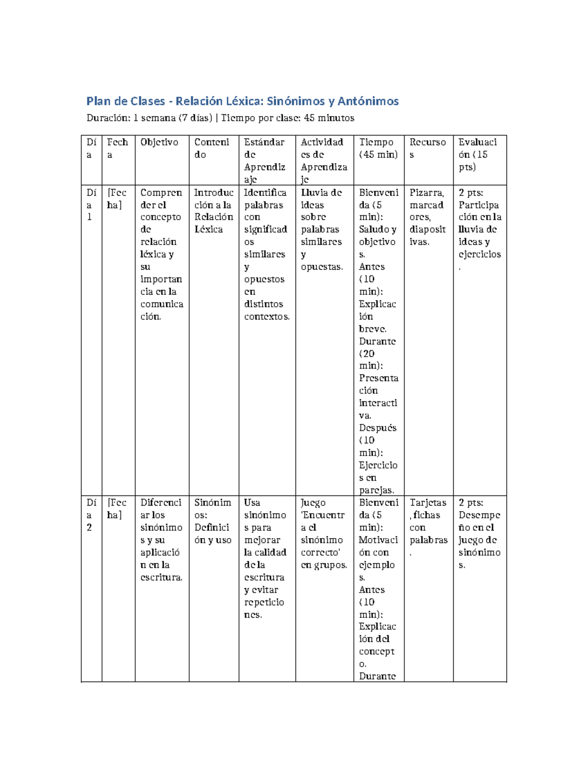 Plan de Clases: Sinónimos y Antónimos - Actividades y Evaluación - Studocu