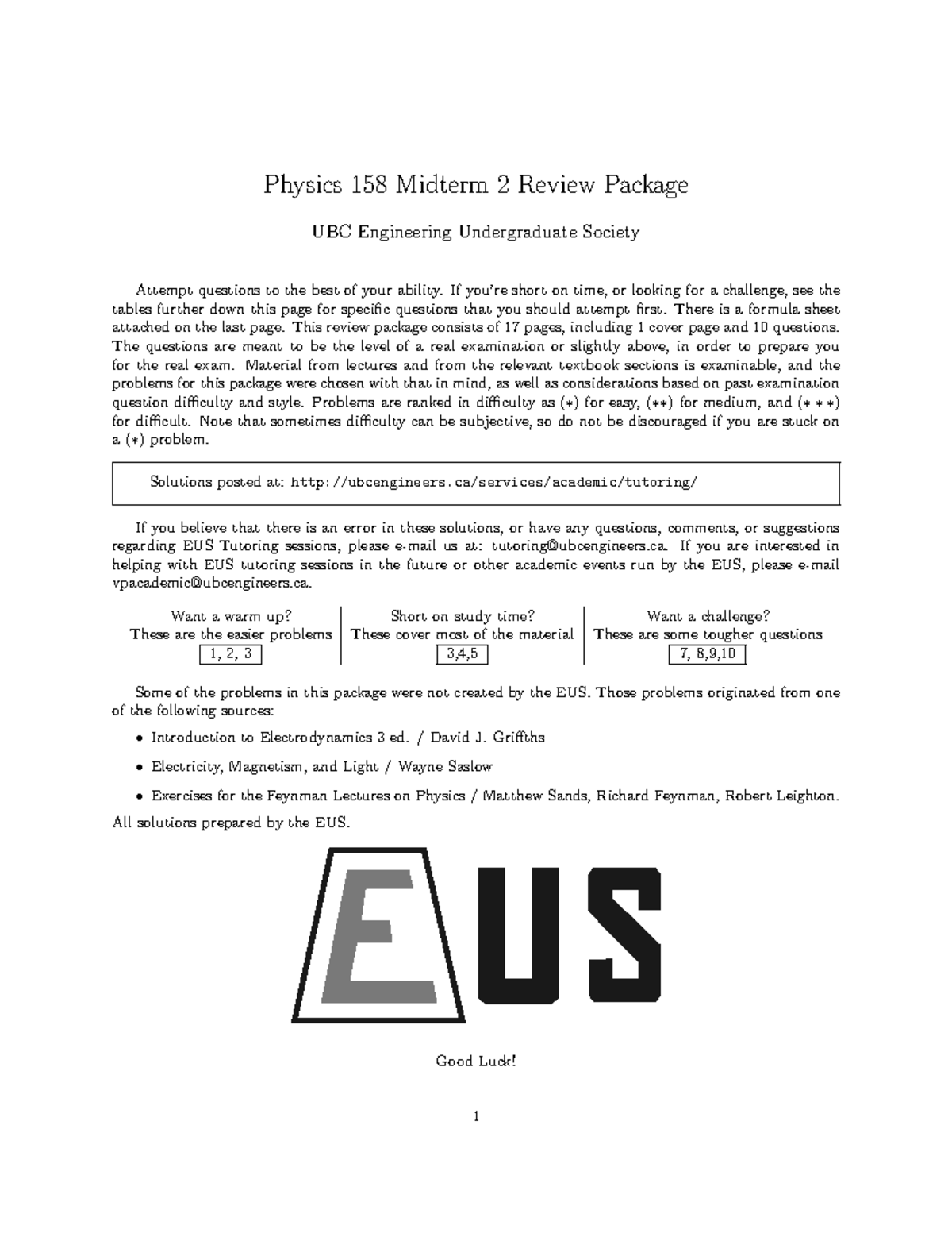 Phys 158 Midterm 2 Review Package: Exam-Level Problems and Solutions - Studocu