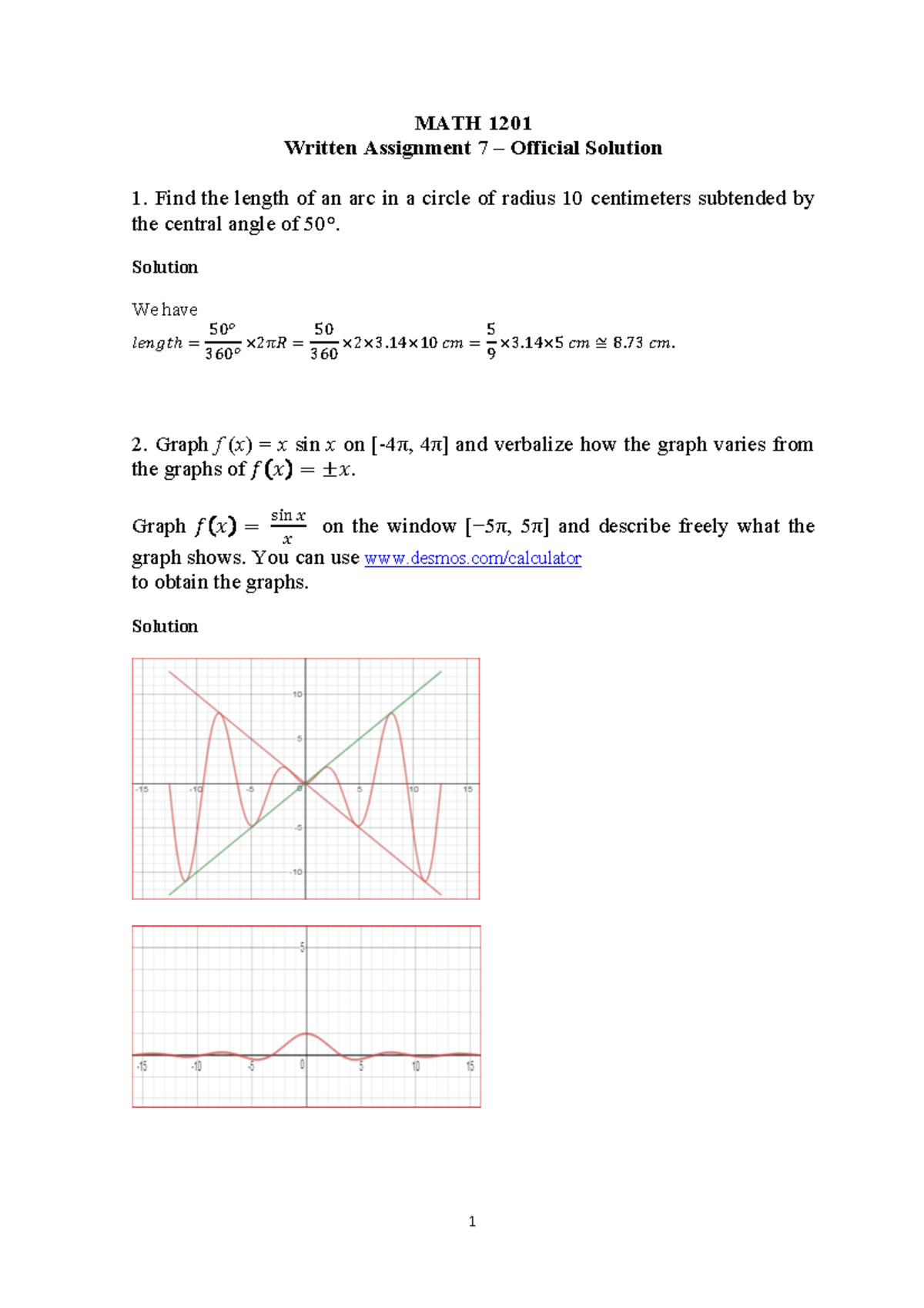 MATH 1201 Unit 7 WA Official Solution - 1 MATH 1201 Written Assignment 7 – Official Solution 1 ...
