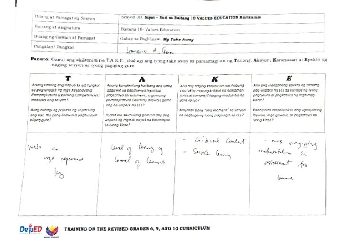 My Take Aways on Values Education (M 1017) - Insights and Reflections ...