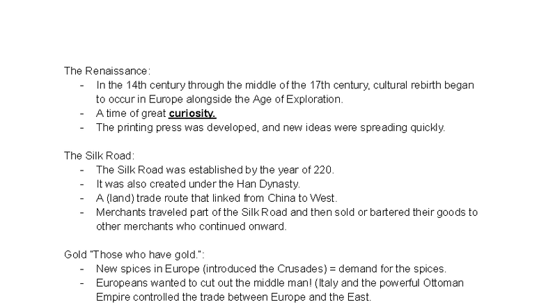 World History 2: The Renaissance and Age of Exploration Notes - Studocu