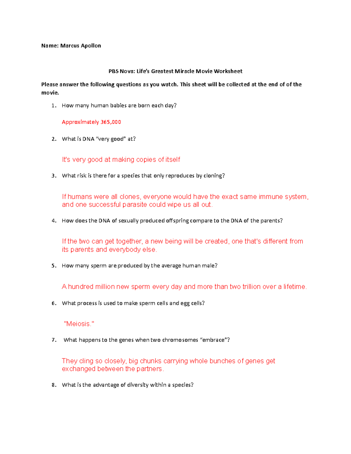 Lifes Greatest Miracle Worksheet - Name: Marcus Apollon PBS Nova: Life ...