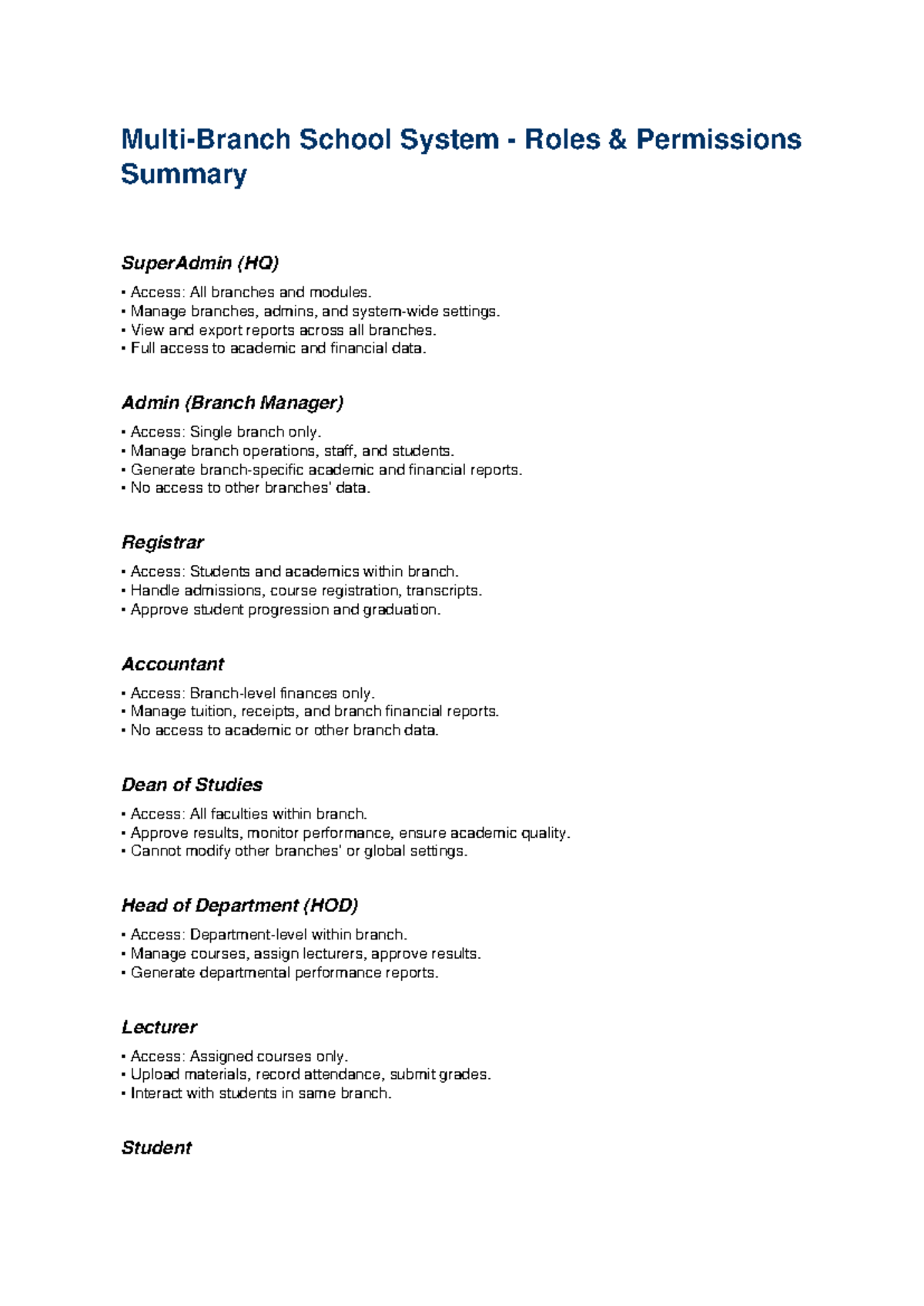 Multi-Branch School System Roles & Permissions Overview - Studocu