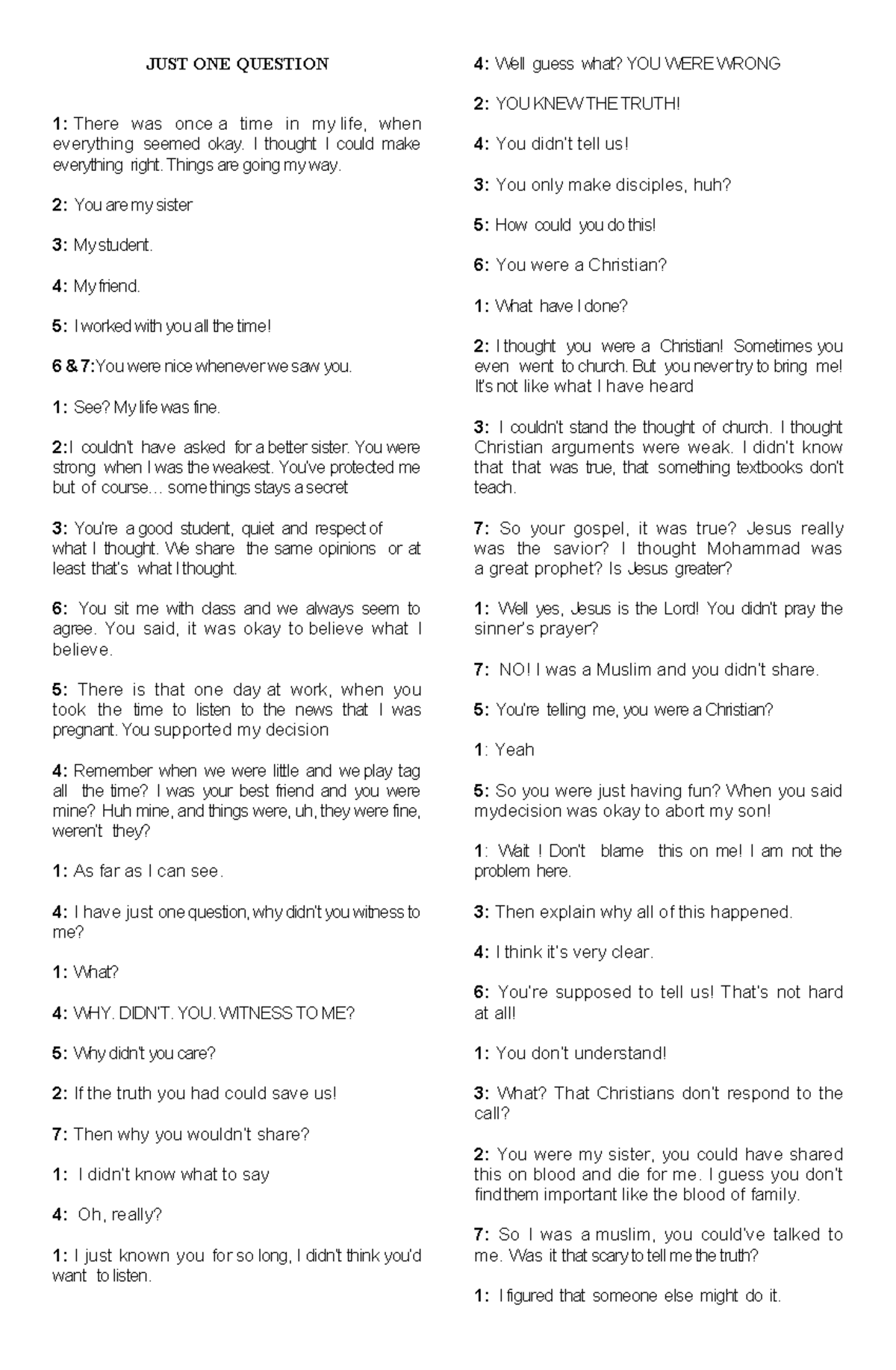 Readers' Theater Script: Just One Question - A Reflection on Belief ...
