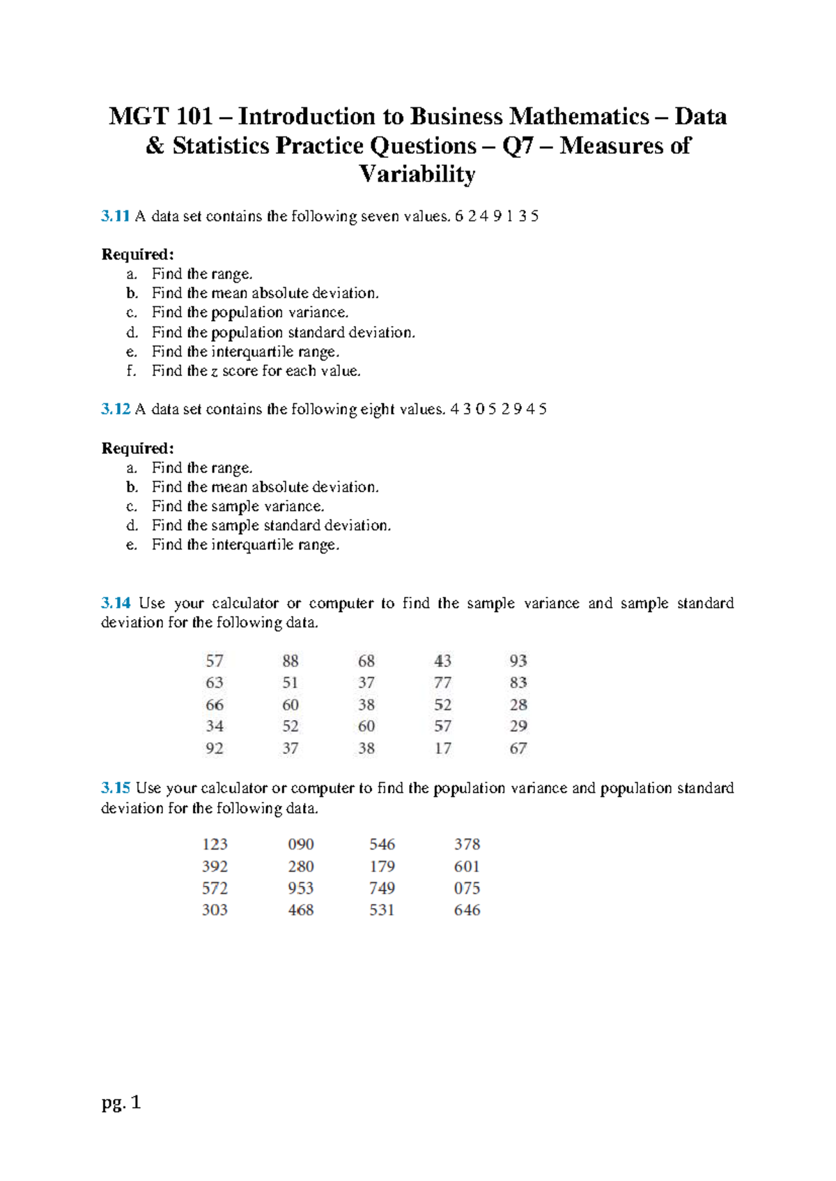 MGT 101 Practice Questions: Measures of Variability and Data Stats - Studocu