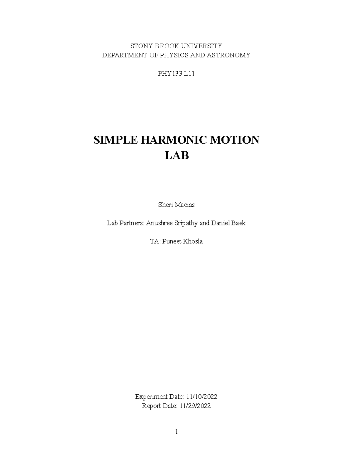 PHY133 Simple Harmonic Motion Lab Report: Analysis and Results - Studocu