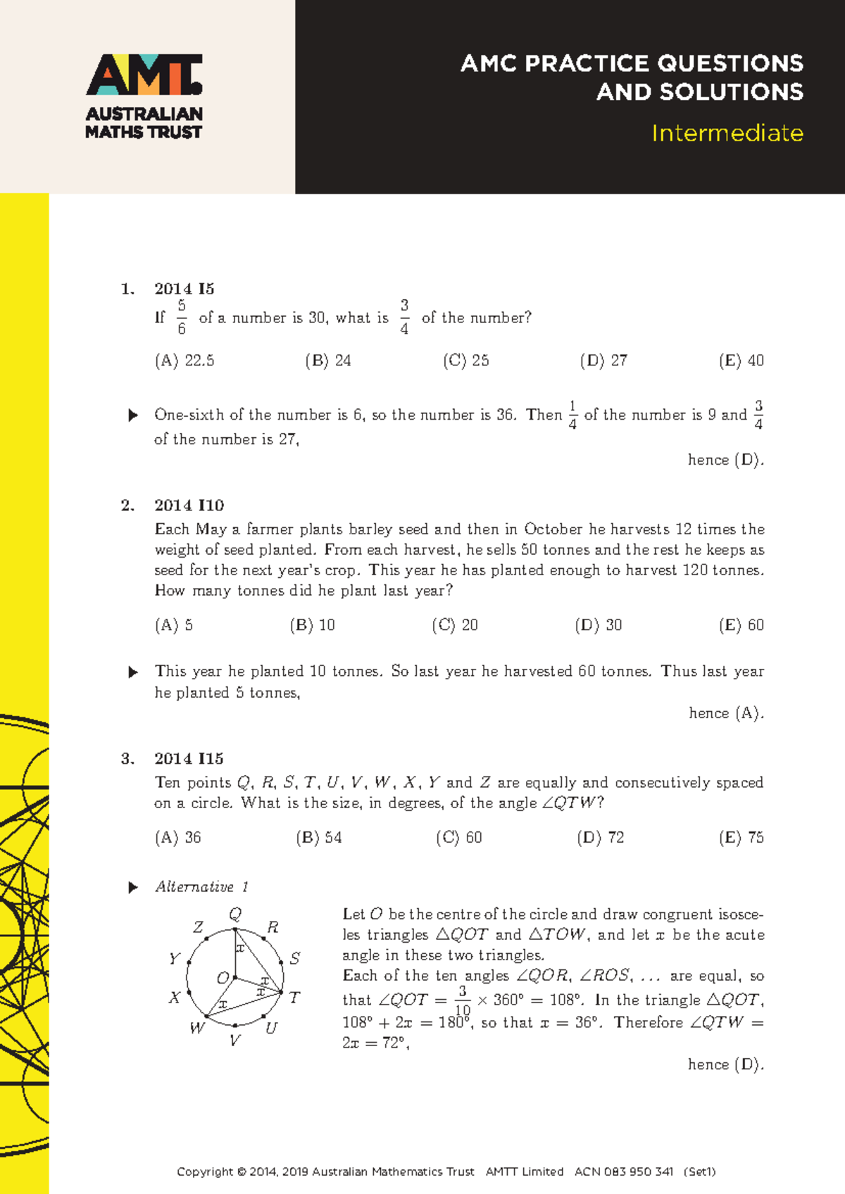 AMC Practice Problems Solutions Set 1 INT - Studocu