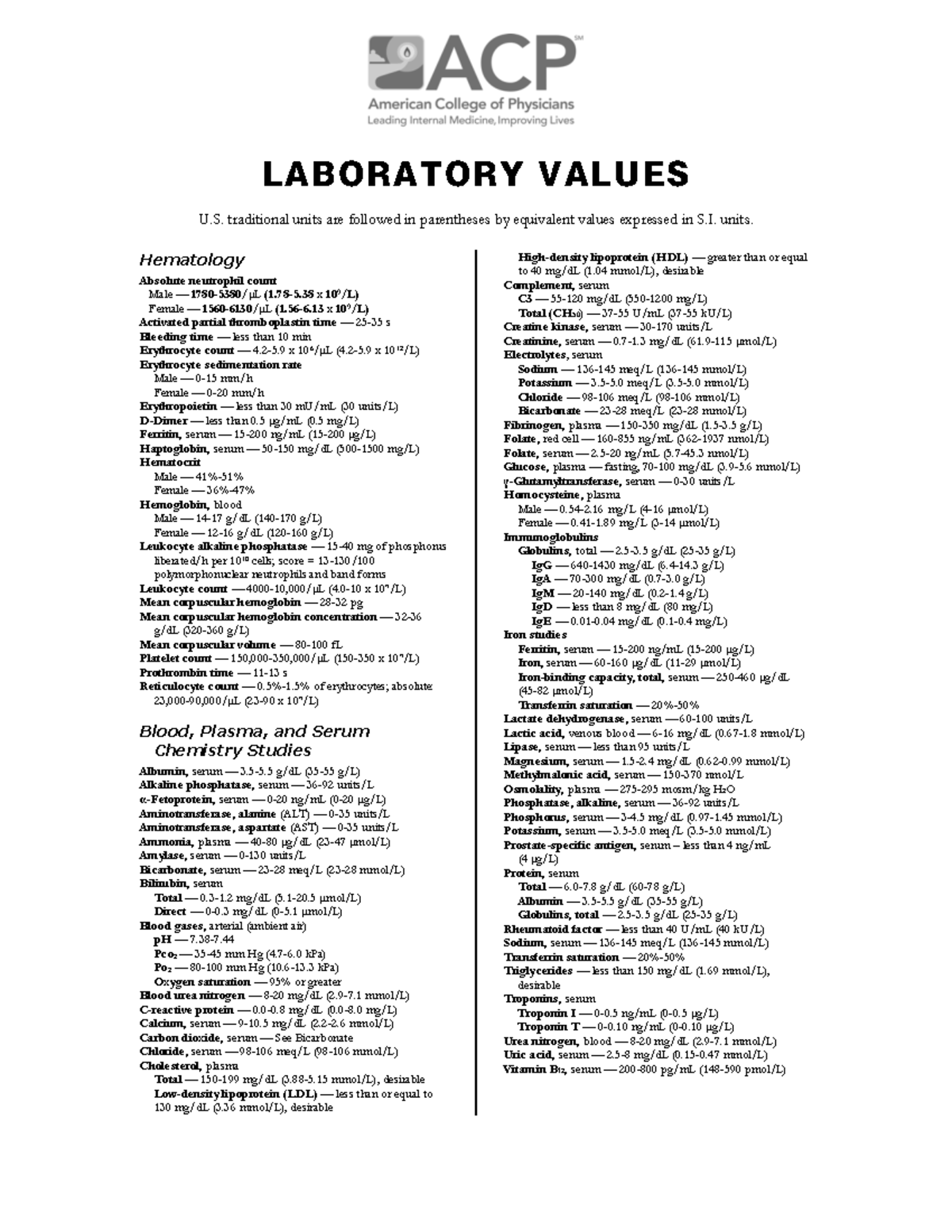 Normal Lab Values Summary for BS Psychology Students - Studocu