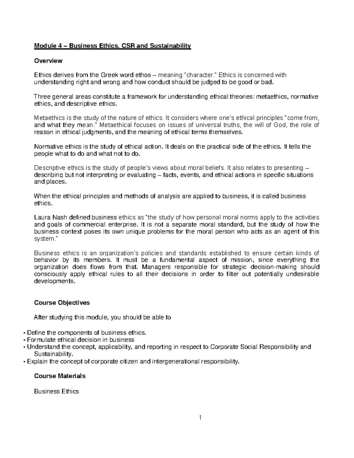 Module 4: Business Ethics, CSR, and Sustainability Overview and ...