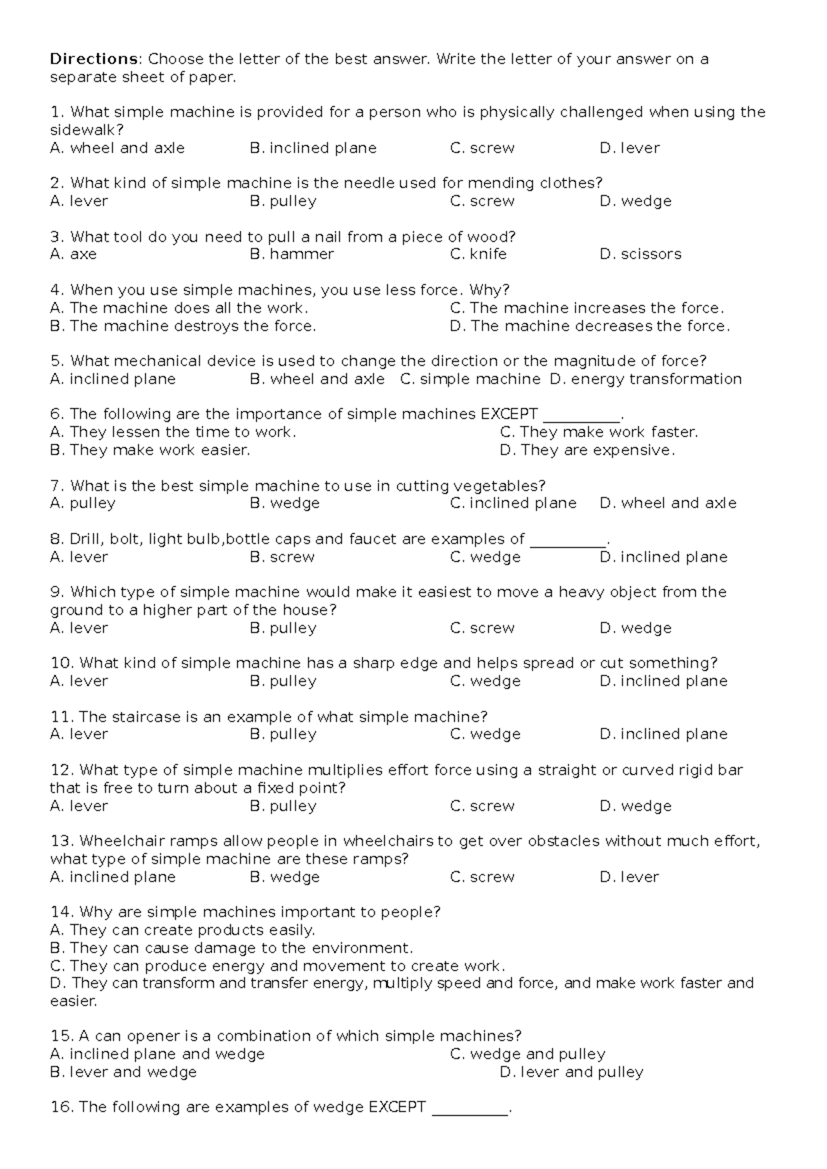 Quiz on Simple Machines (SCI101) - Student Practice Questions - Studocu
