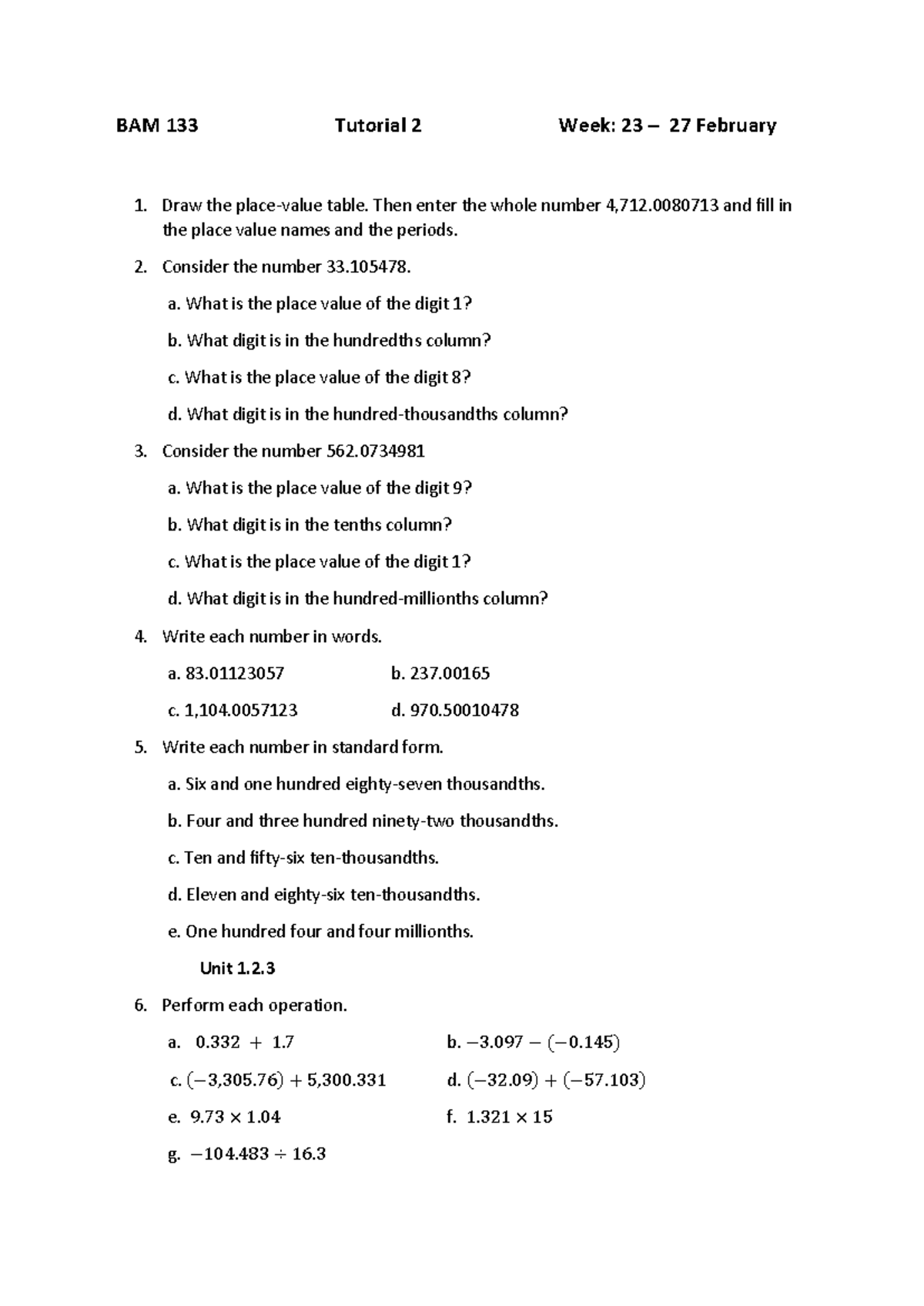BAM 133 Tutorial 2 Worksheet: Place Value & Number Operations - Studocu