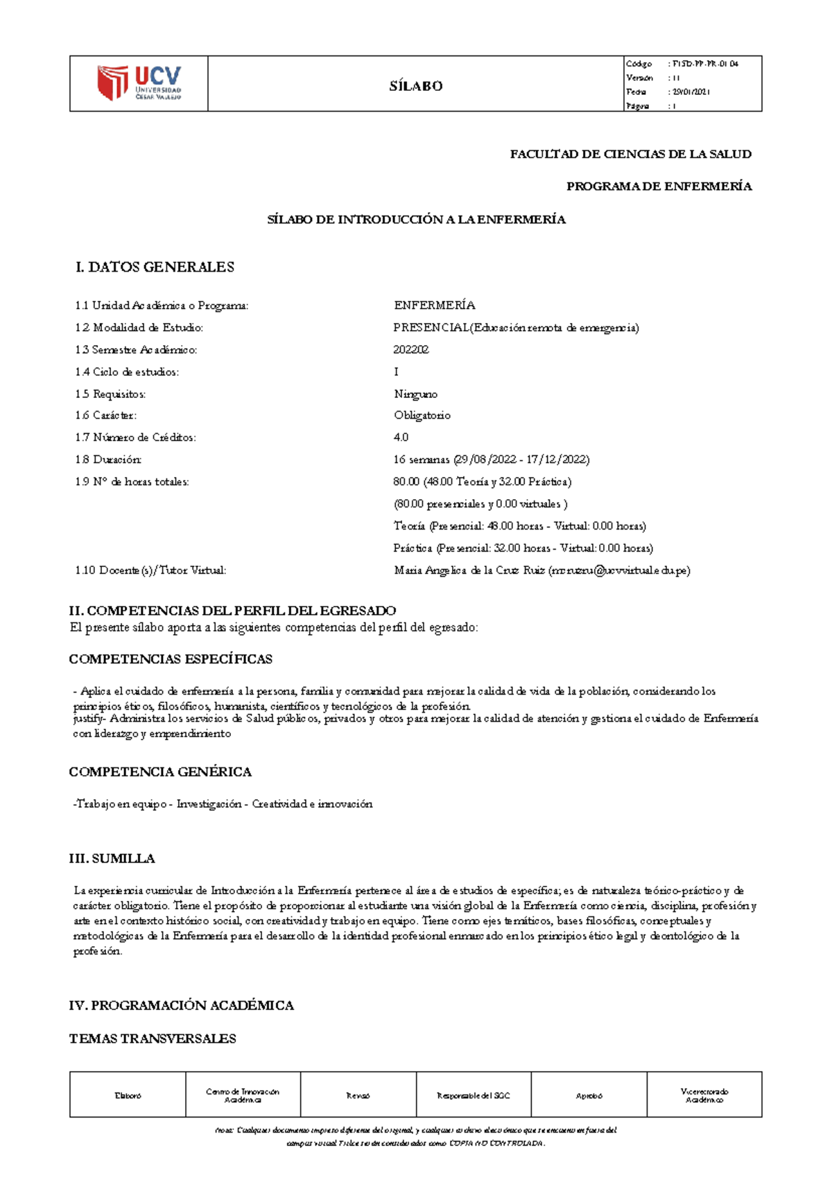 Silabo introduccion - jhnnn - FACULTAD DE CIENCIAS DE LA SALUD PROGRAMA ...