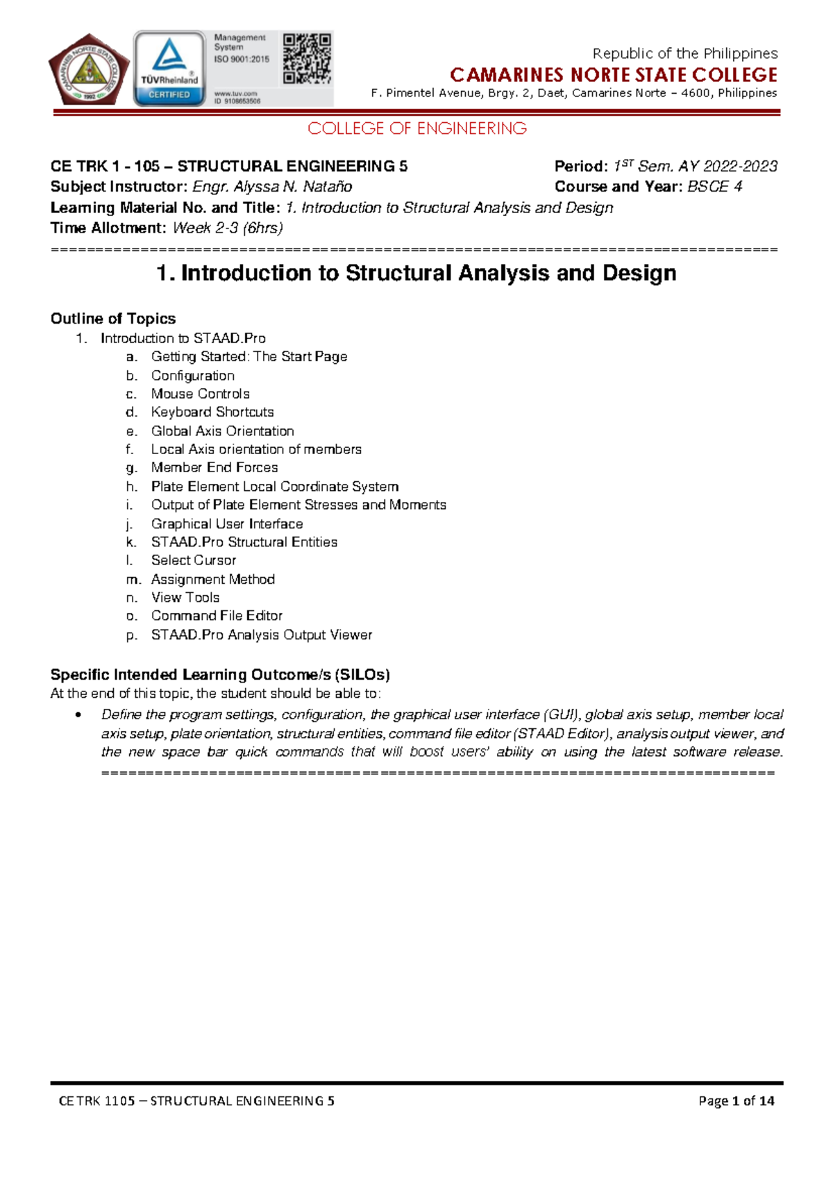 CE-L1-L2 STAAD Lesson 1: Introduction to Structural Analysis - Studocu