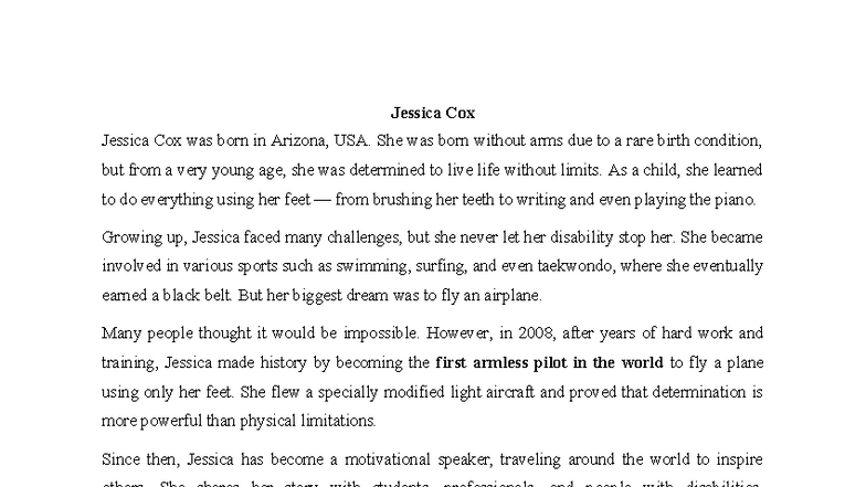 Jessica Cox - BÀI NGHE: The Inspiring Journey of an Armless Pilot - Studocu