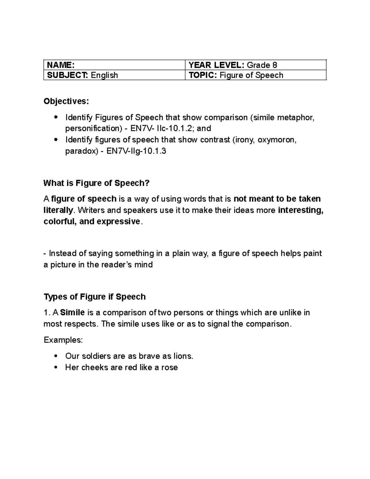 Grade 8 English: Figures of Speech Overview and Activities - Studocu
