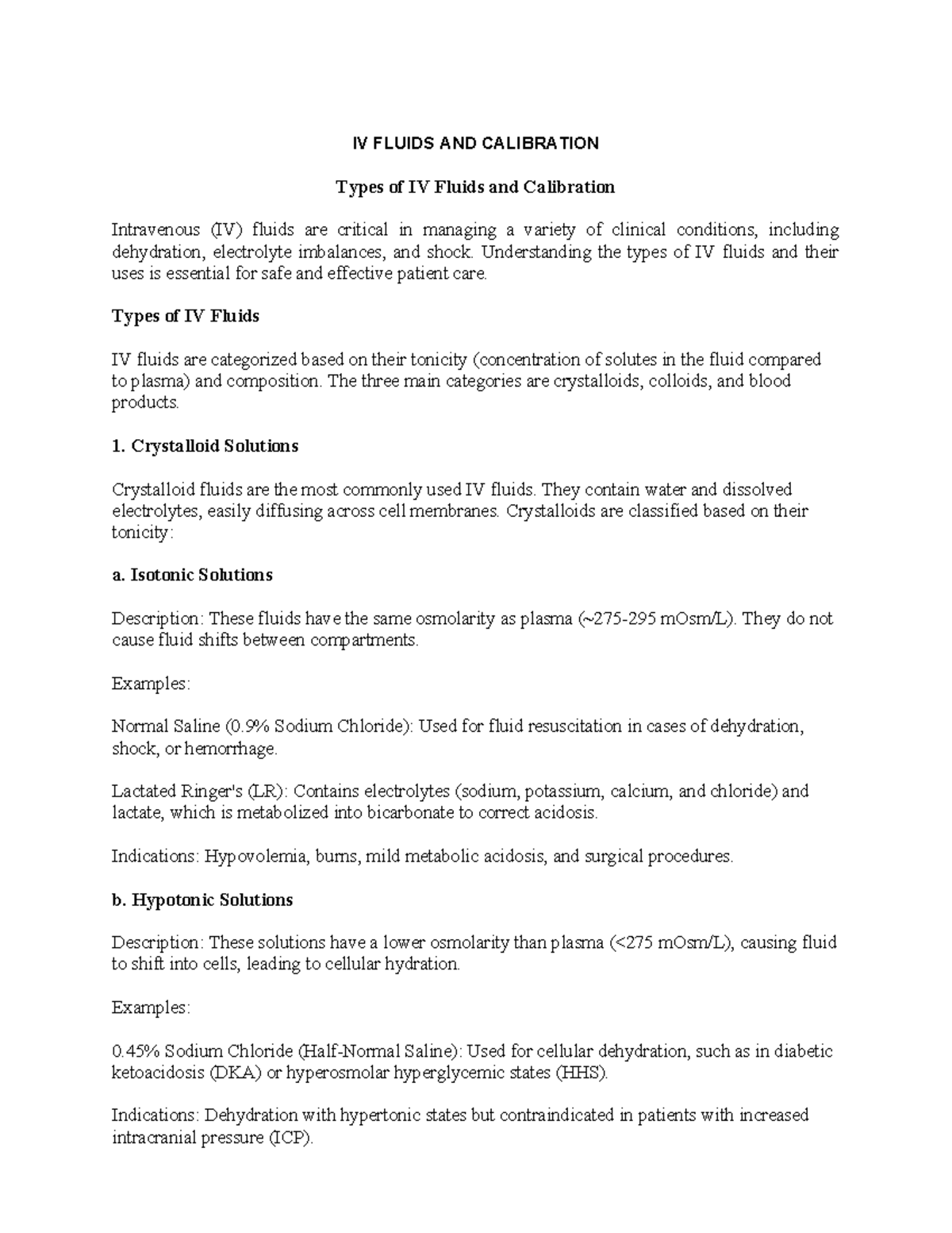 IV Fluids-Calibration Study for Clinical Management and Applications ...