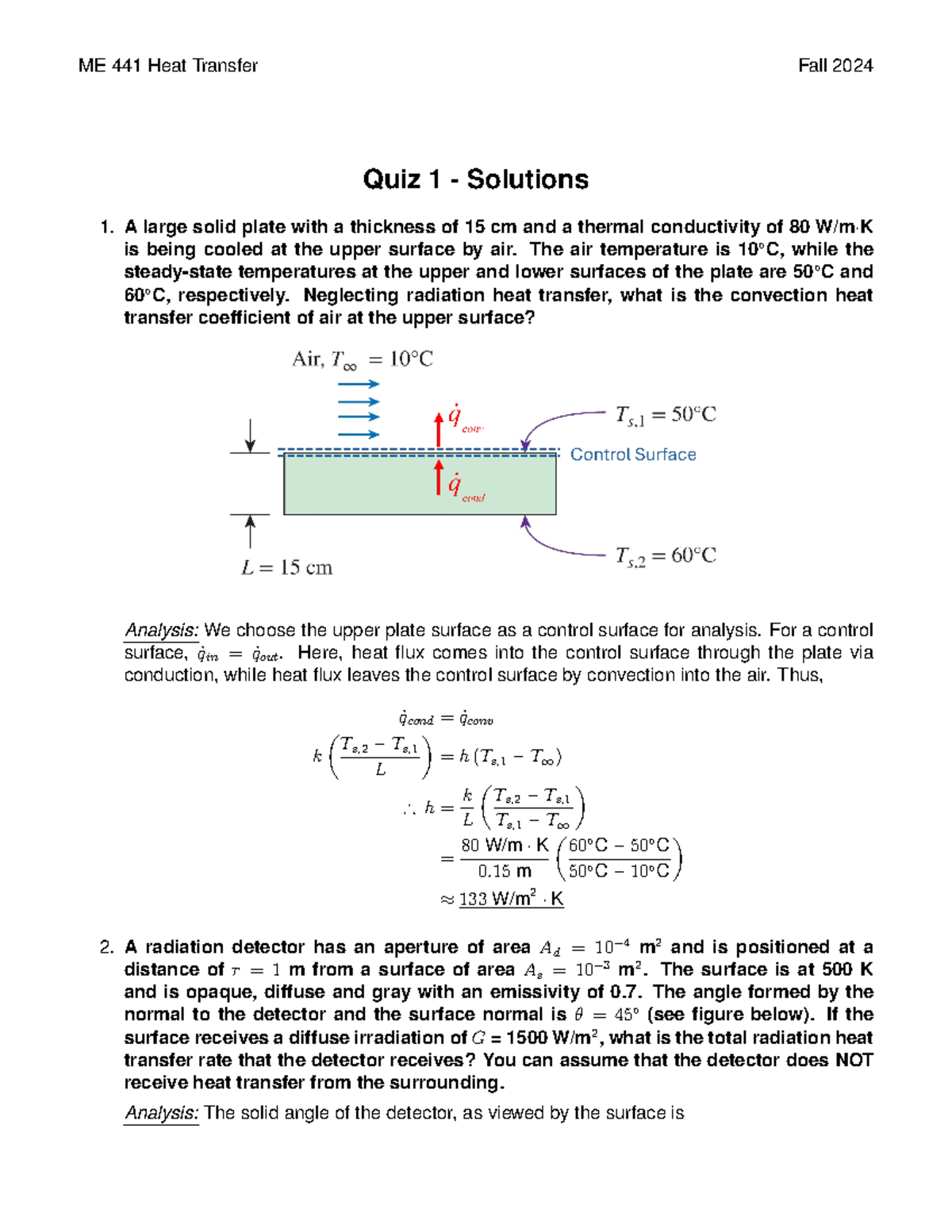 ME 441 Quiz 1 Solutions - Heat Transfer Analysis Fall 2024 - Studocu