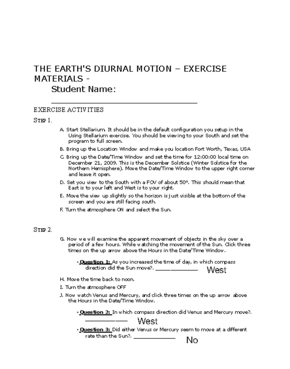 Earth's Diurnal Motion Lab F21: Exercise Materials and Activities - Studocu