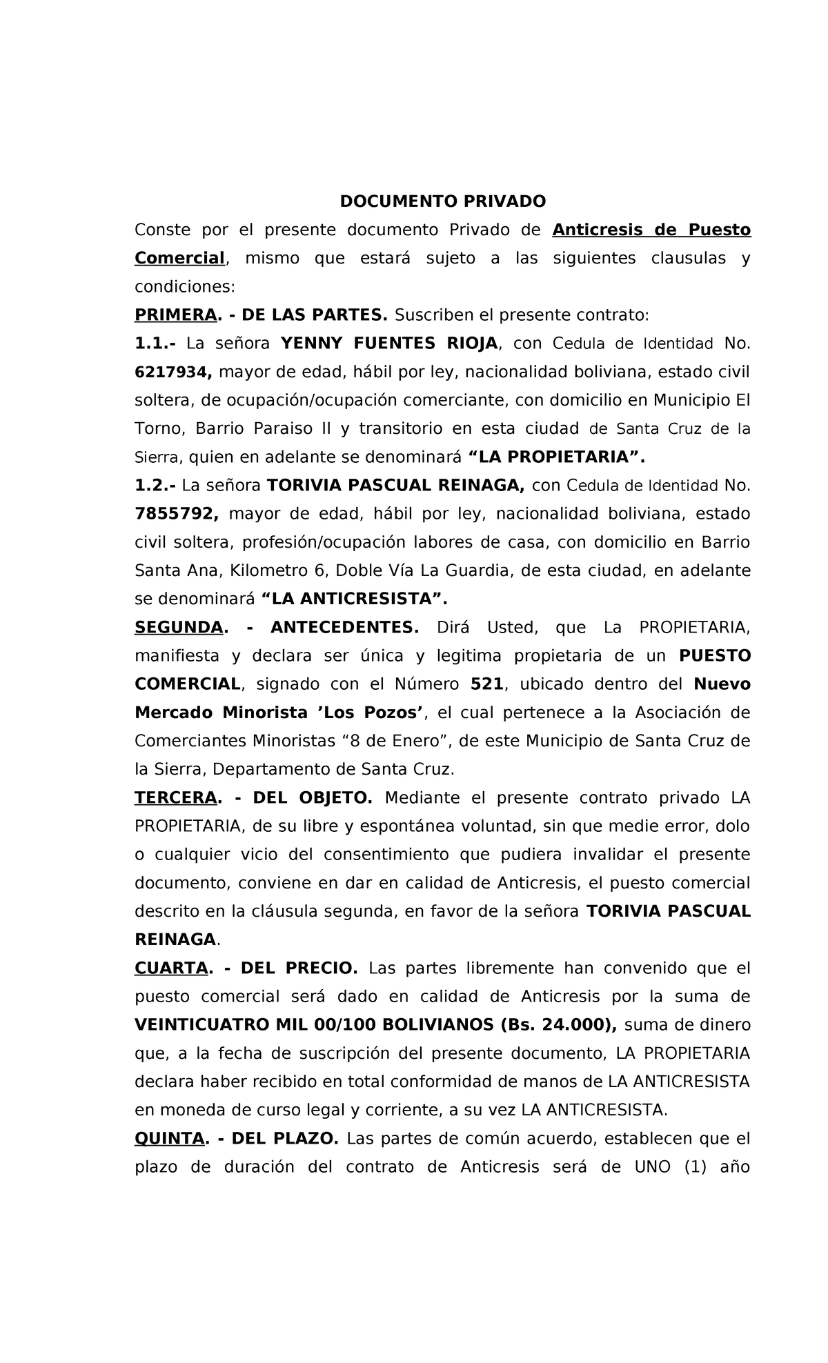 Anticresis- Local Comercial. Yenny Fuentes - DOCUMENTO PRIVADO Conste ...