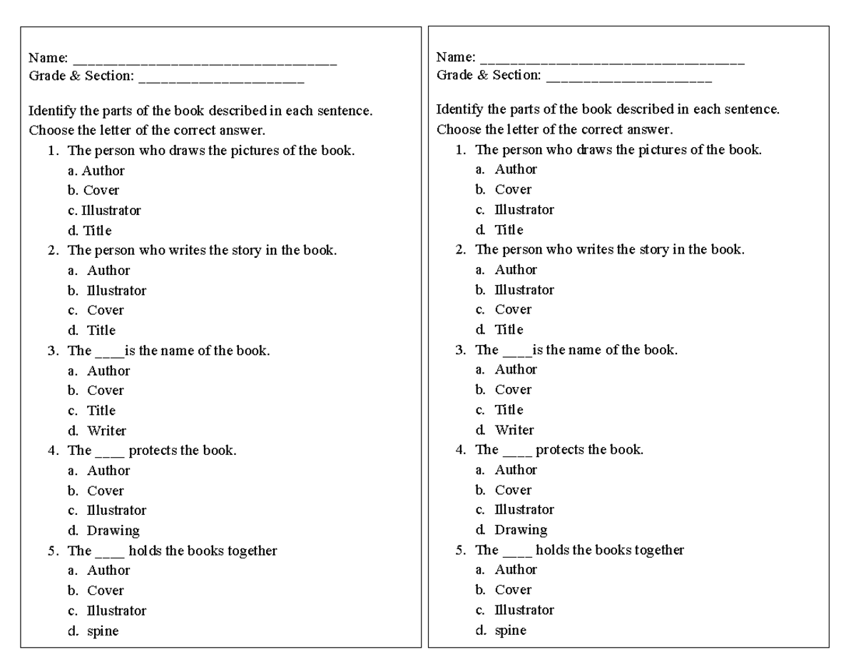 Identifying Book Parts: Lesson Planning Doc3 - Studocu