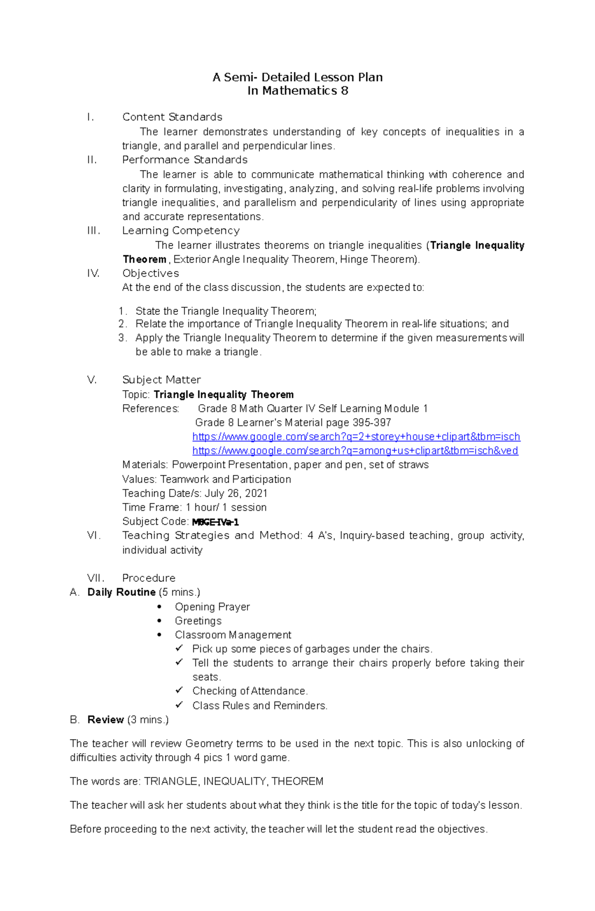 CO Triangle Inequality Theorem - A Semi- Detailed Lesson Plan In ...