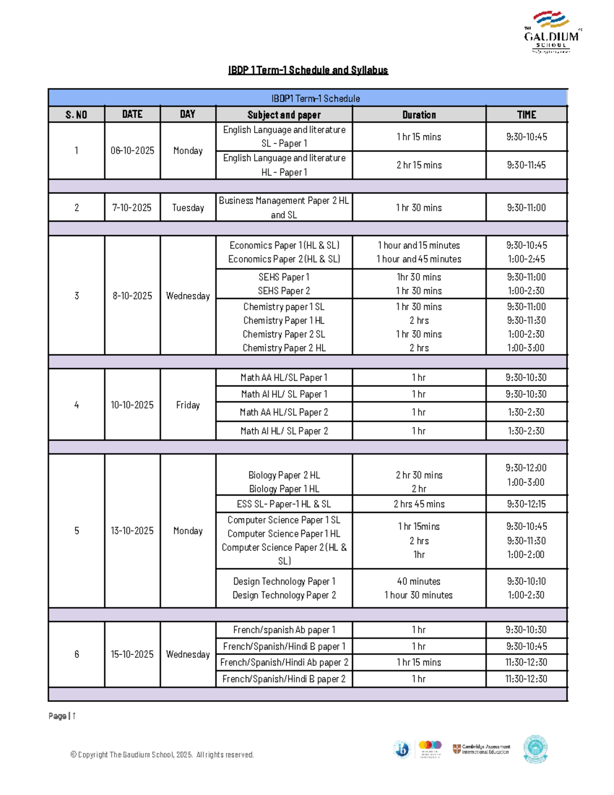 IBDP 1 Term 1 Schedule and Syllabus Overview - Studocu