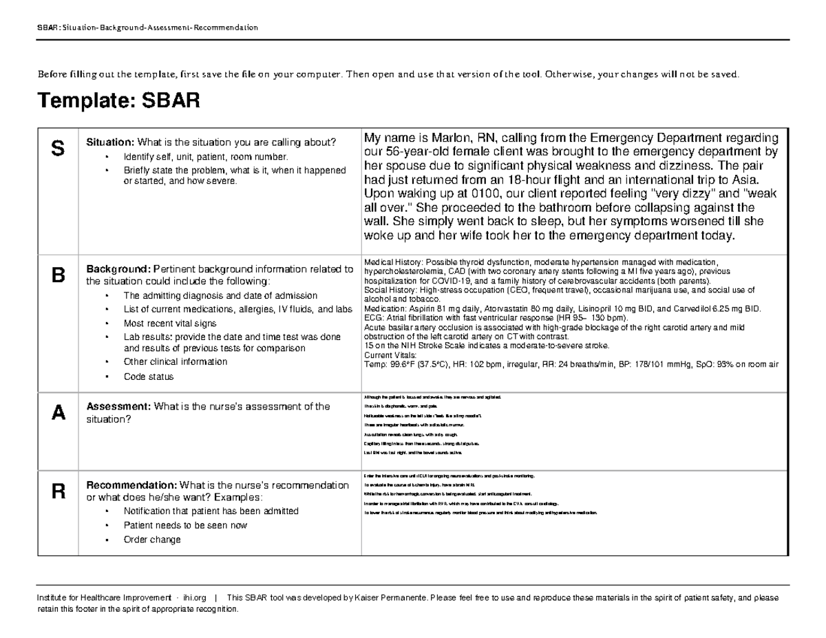 SBAR Tool: Situation-Background-Assessment-Recommendation Template ...