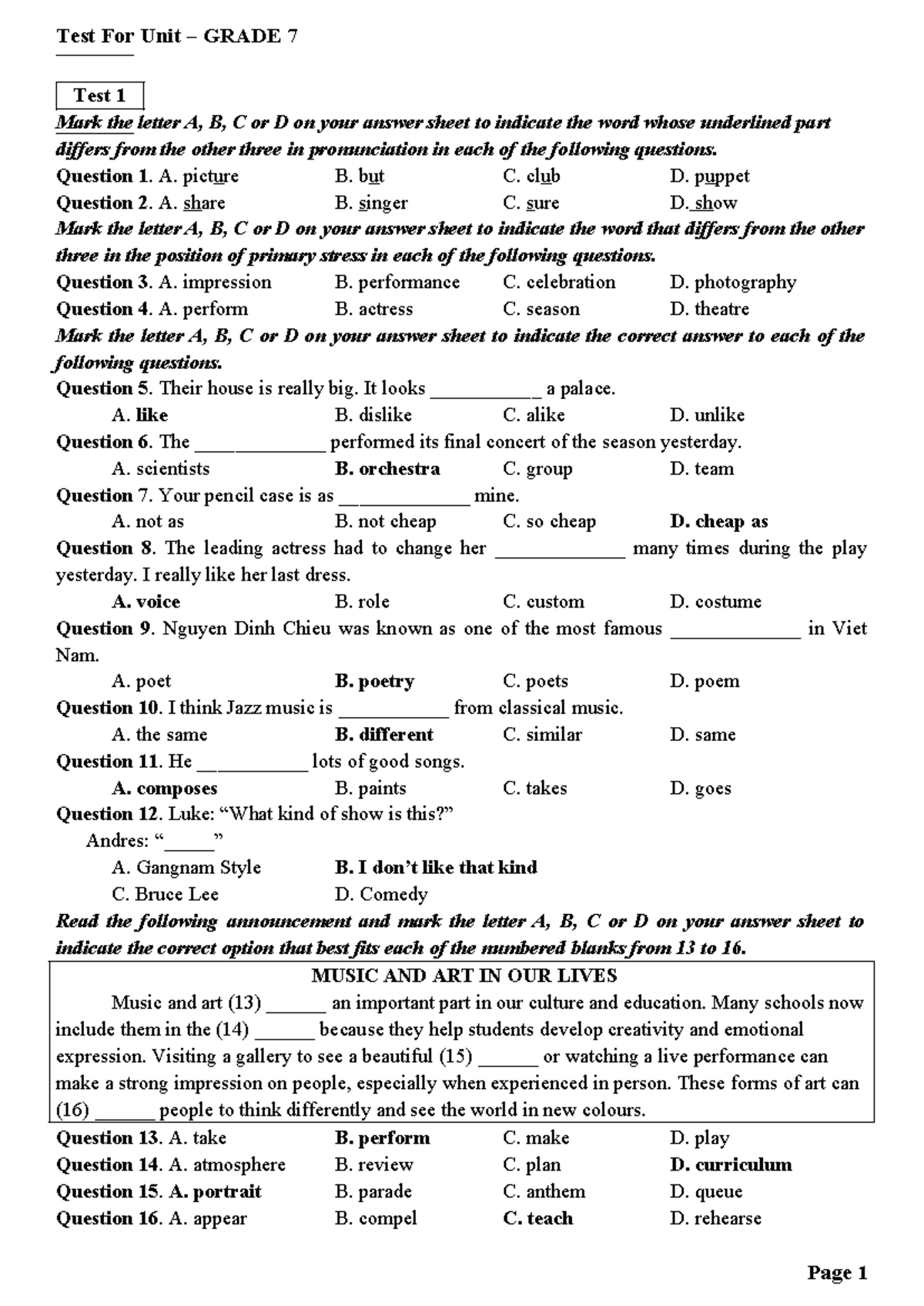 Test for Unit 4 - GRADE 7 (GB7) with Detailed Answers - Studocu