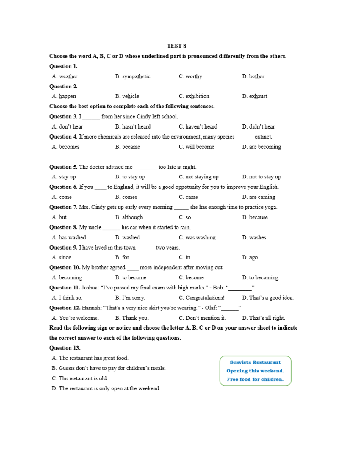 Anh9 - Test 8: Pronunciation and Sentence Completion Exercises - Studocu