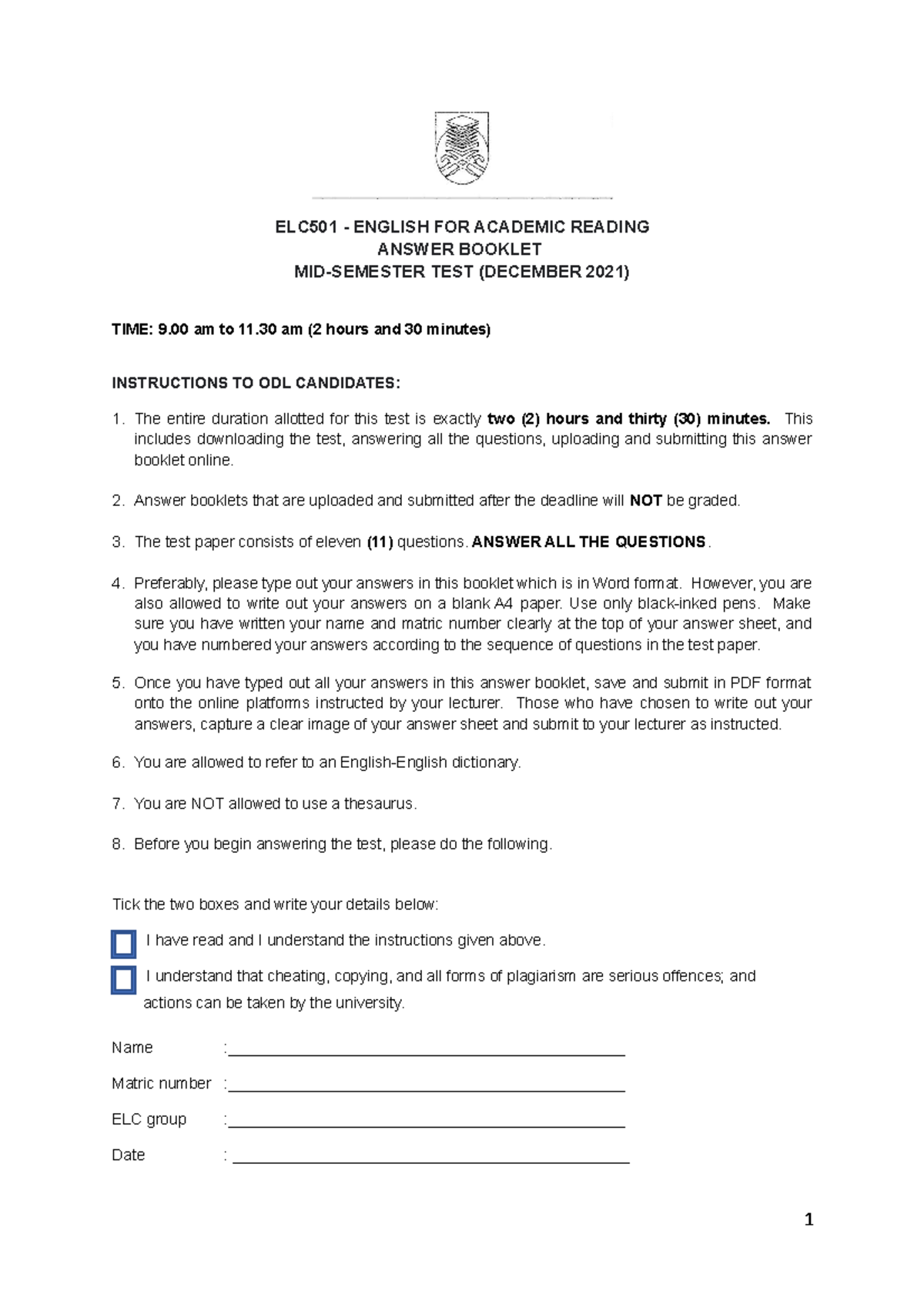 ELC501 TEST Answer Booklet DEC2021 - ELC501 - ENGLISH FOR ACADEMIC ...