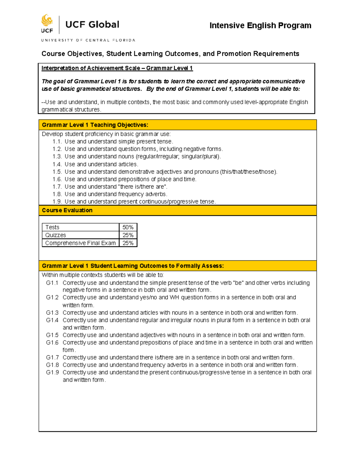 Grammar Level 1: Course Objectives & Student Learning Outcomes - Studocu