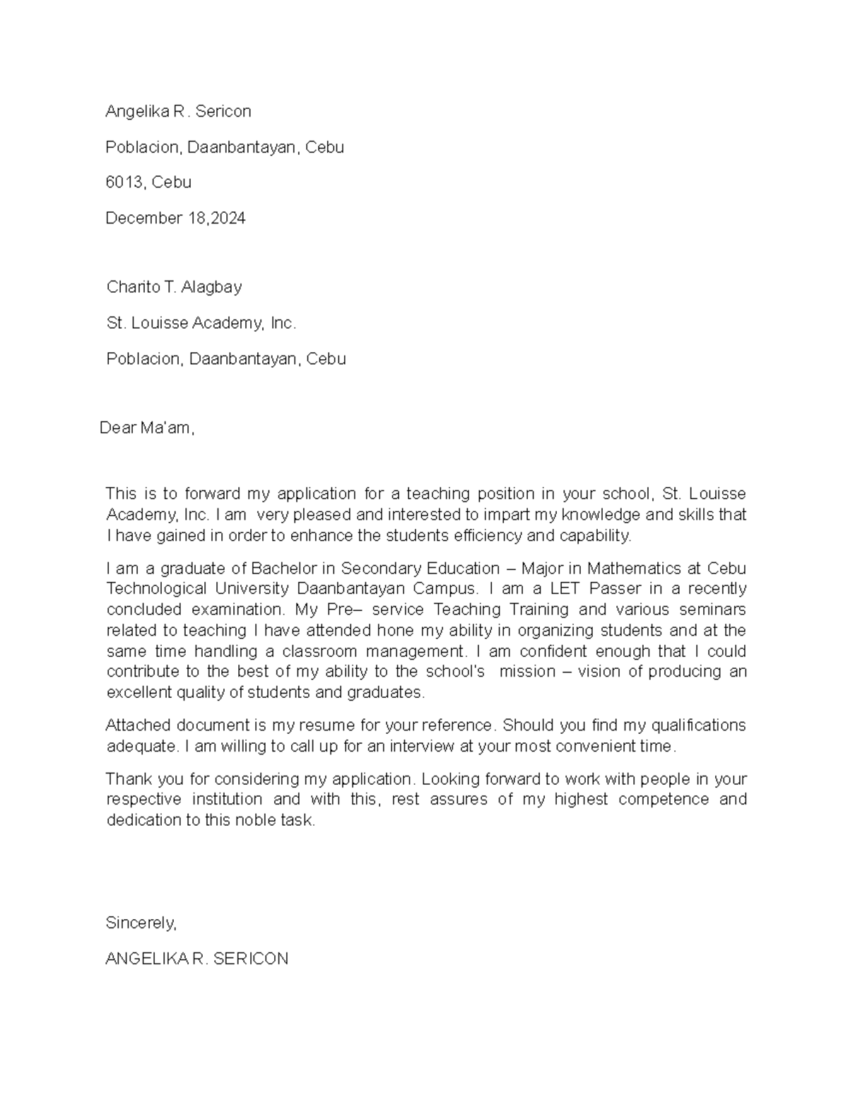 Application Letter - Angelika R. Sericon Poblacion, Daanbantayan, Cebu ...