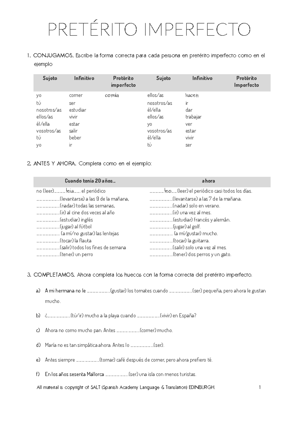 PRETÉRITO IMPERFECTO: Ejercicios y Soluciones - Studocu