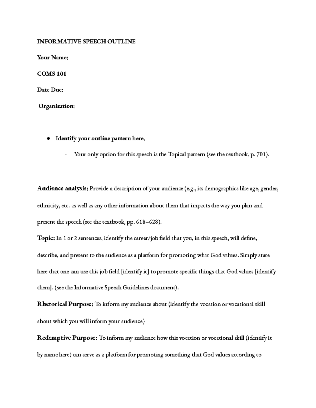 COMS 101 Informative Speech Outline Template and Guide - Studocu