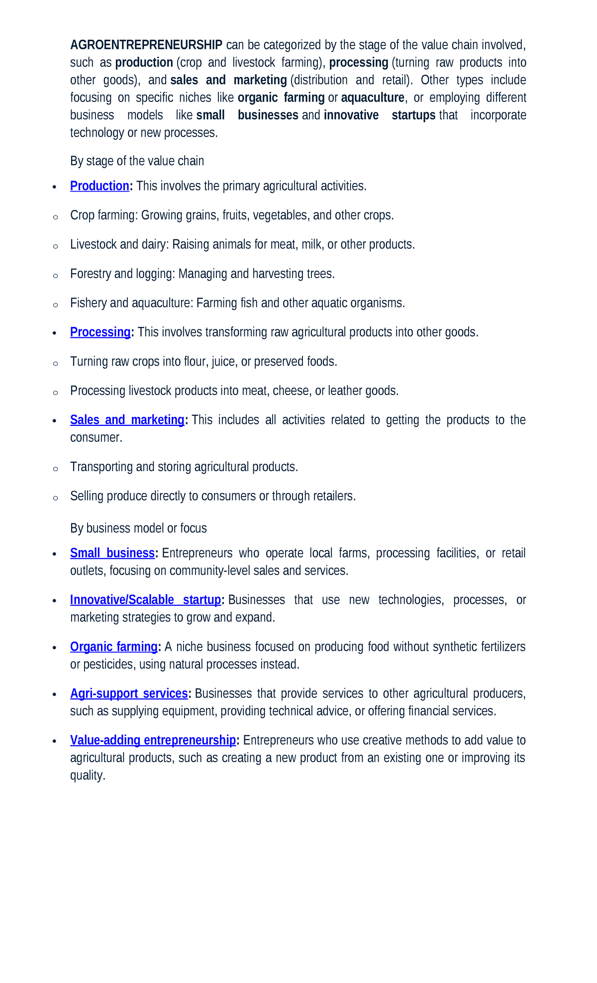 AGROENTREPRENEURSHIP - Lecture Notes on Value Chain Stages - Studocu