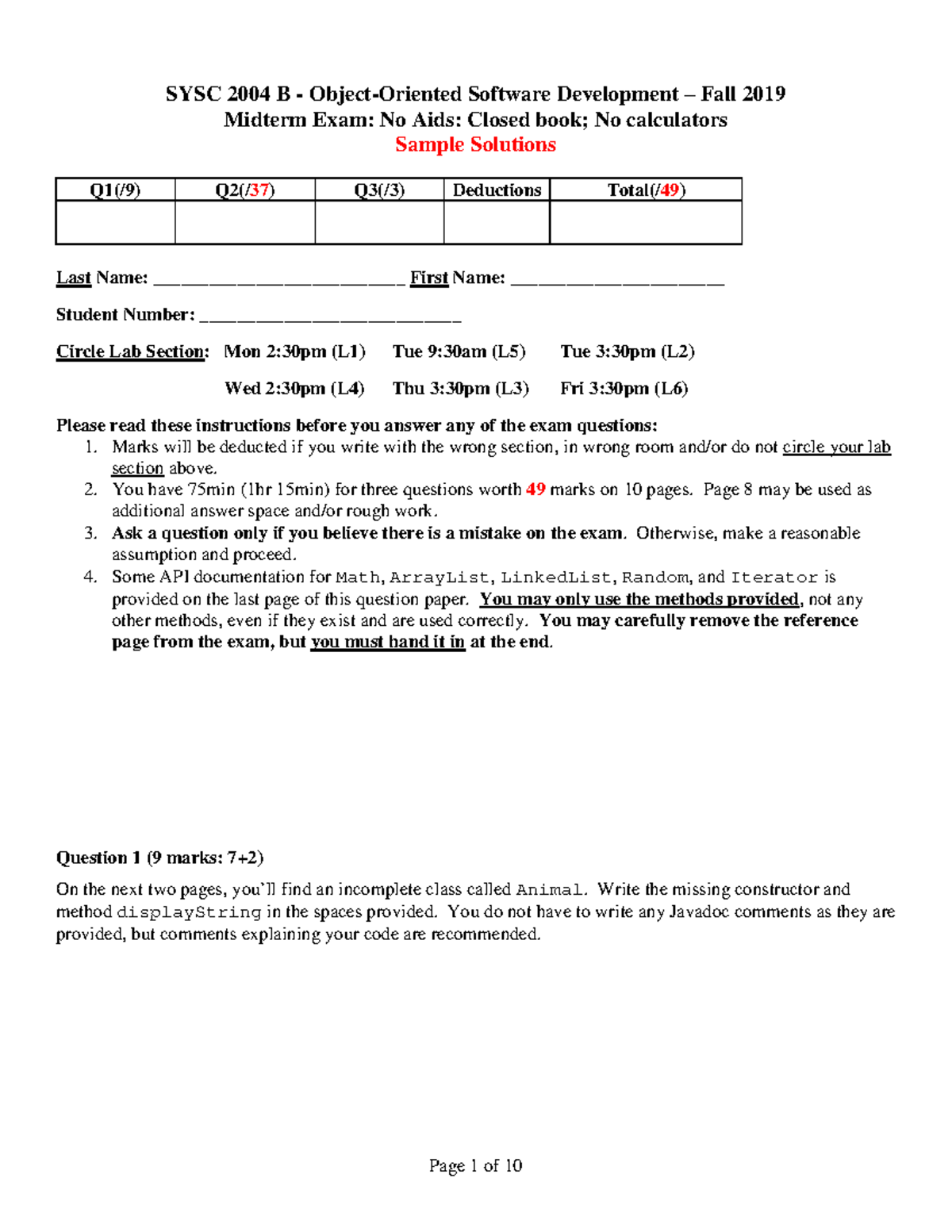 Midterm November 2019, answers - SYSC 2004 B - Object-Oriented Software ...