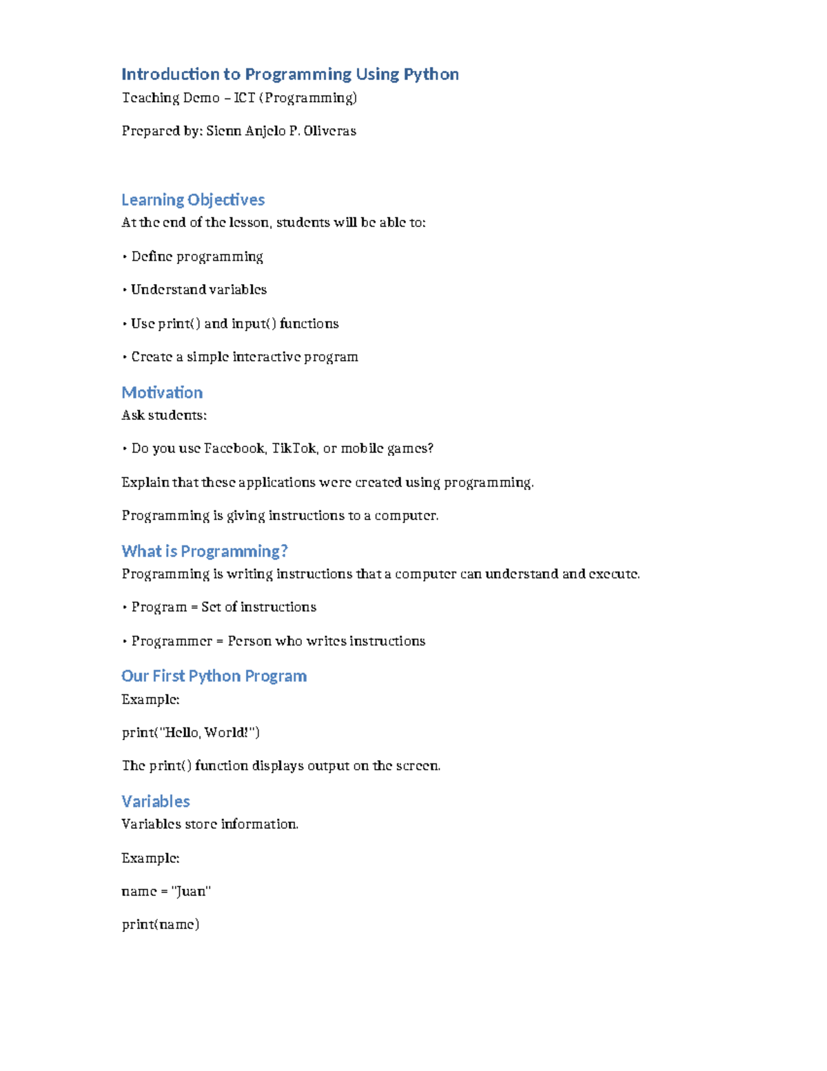 ICT Programming Teaching Demo: Intro to Python by Sienn Oliveras - Studocu