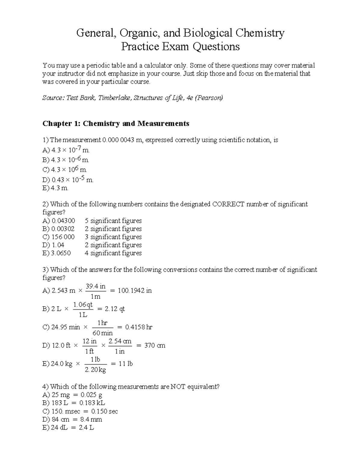 General, Organic, and Biological Chemistry Practice Exam Questions ...