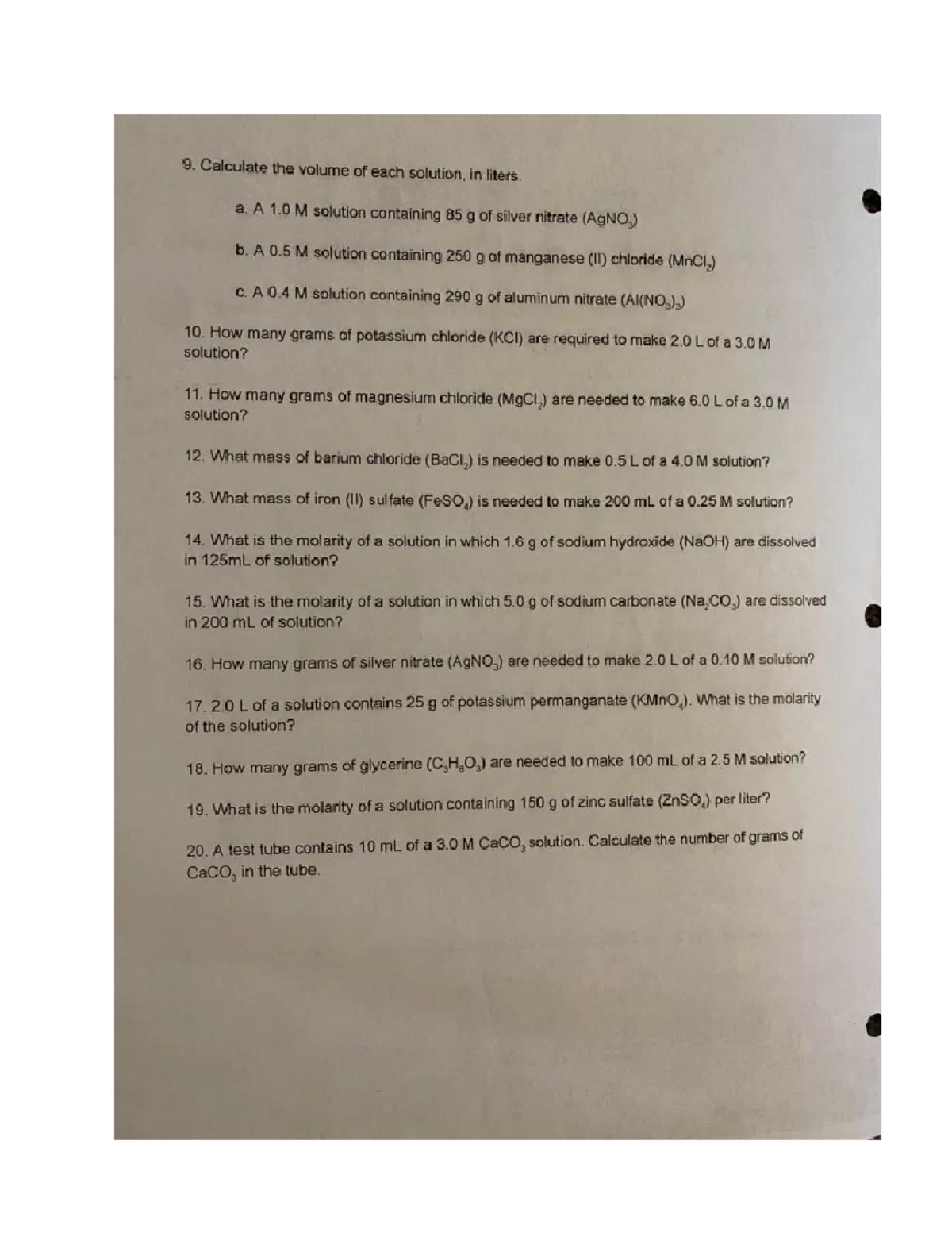 Volume of Solutions - 9. Calculate the volume of each solution, in ...