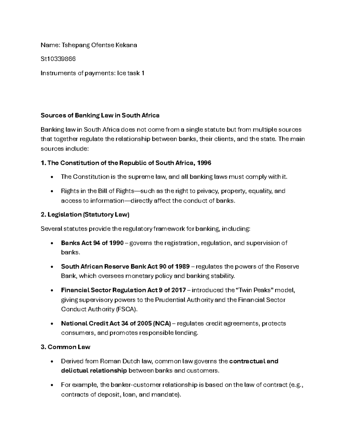 ST10339866: Instruments of Payments - Sources of Banking Law in SA ...
