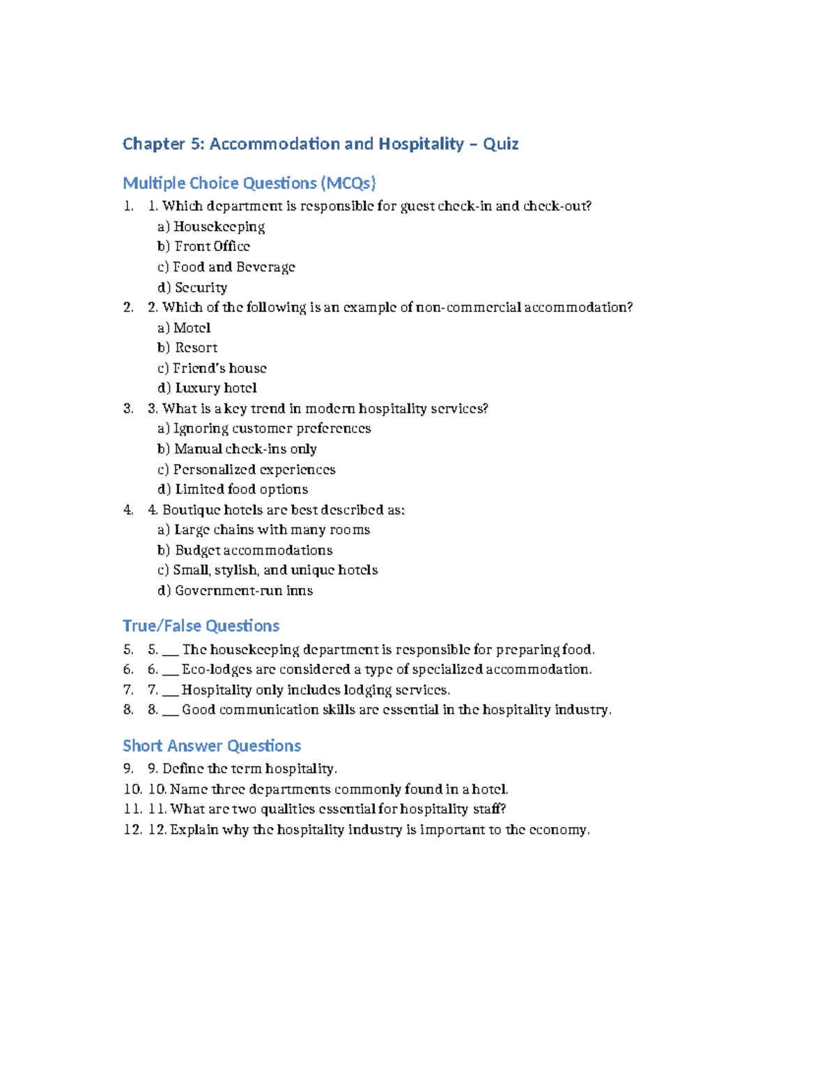 Chapter 5: Accommodation & Hospitality Quiz MCQs and Short Answers - Studocu