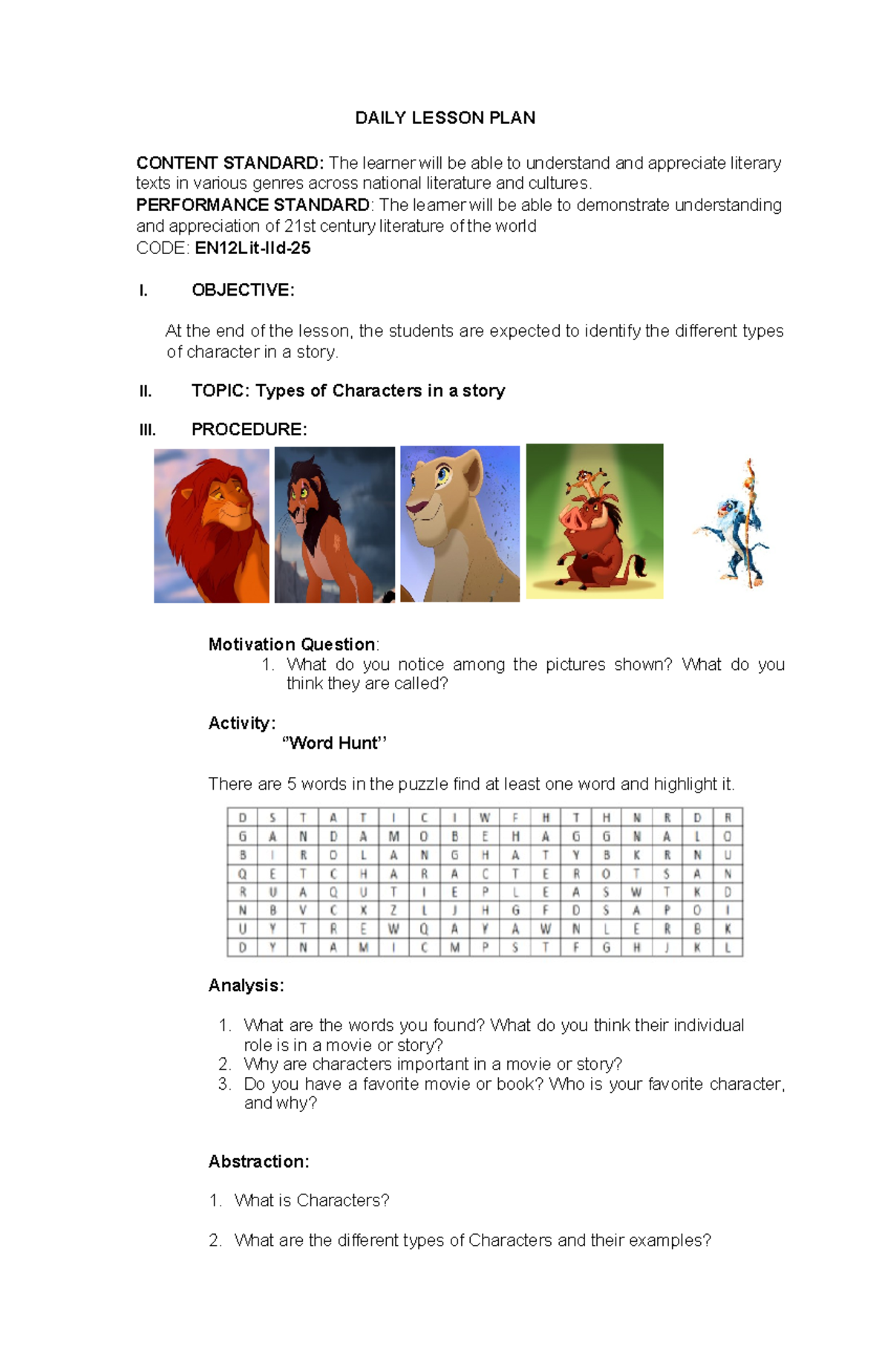 EN12Lit-IId- Daily Lesson Plan: Exploring Types of Characters - Studocu