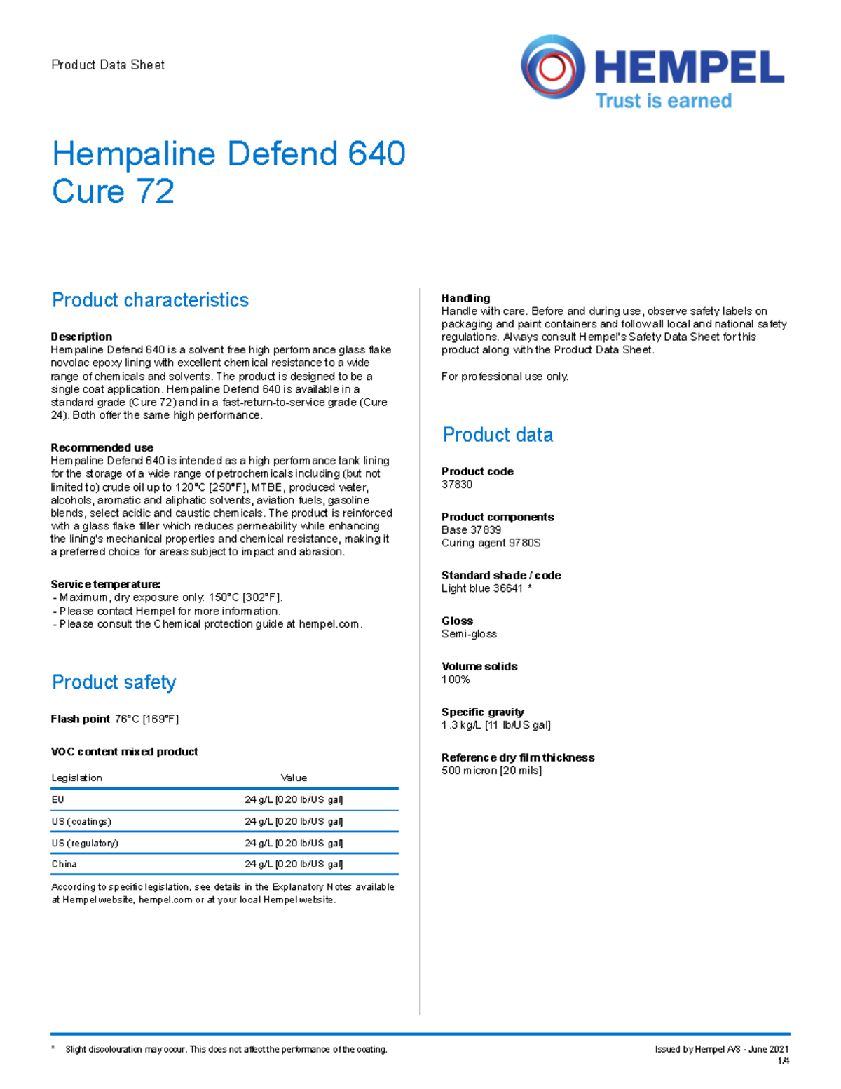 Hempaline Defend 640 Product Data Sheet: Cure 72 Specifications - Studocu