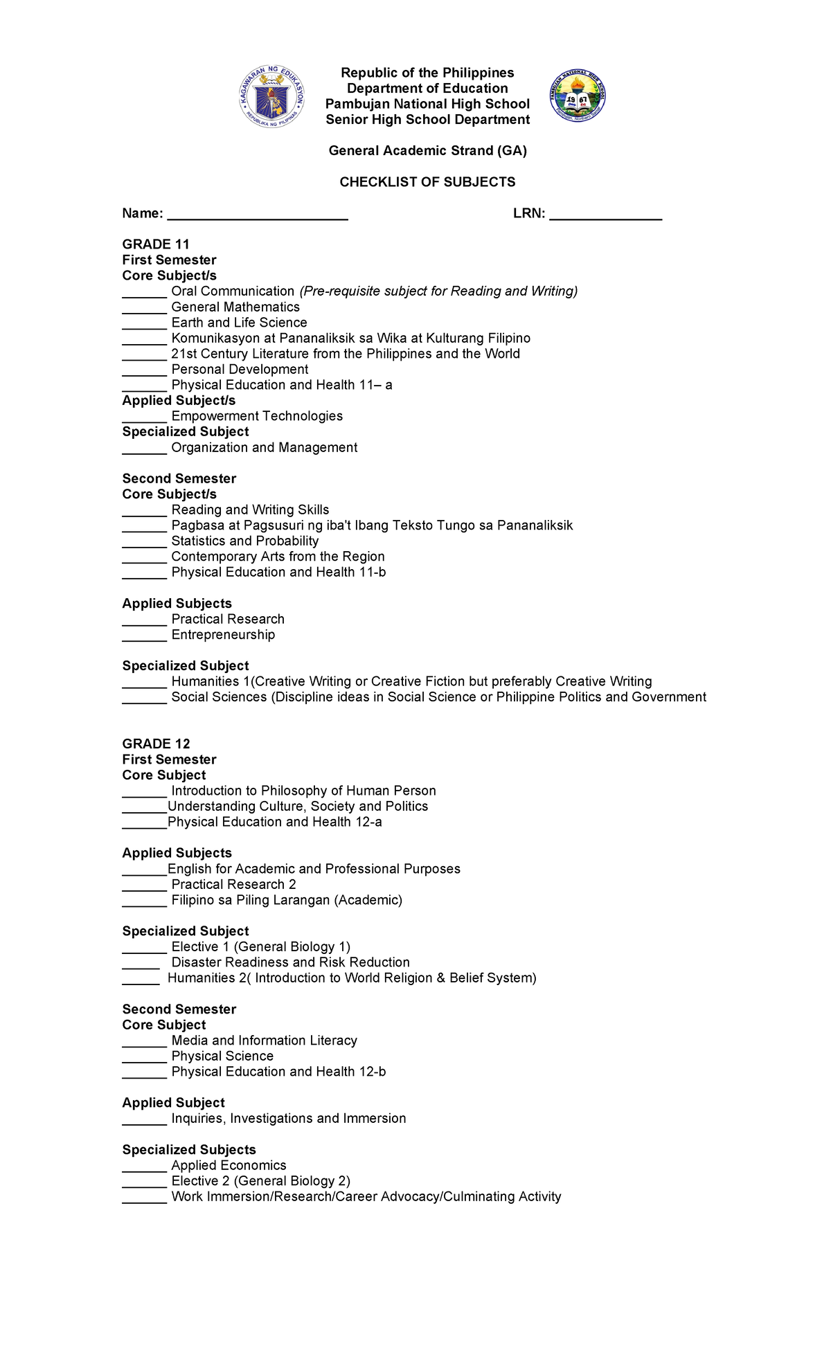 Subject Checklist FOR SHS - Department of Education Pambujan National ...