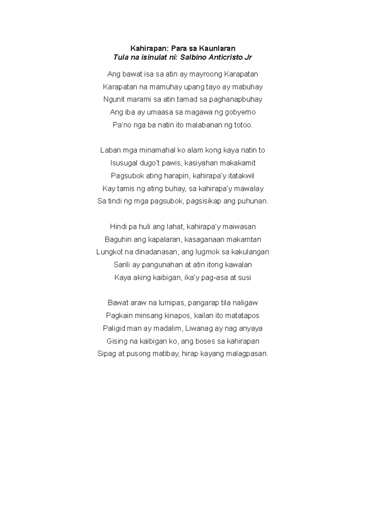 Tula - tula - Kahirapan: Para sa Kaunlaran Tula na isinulat ni: Salbino ...